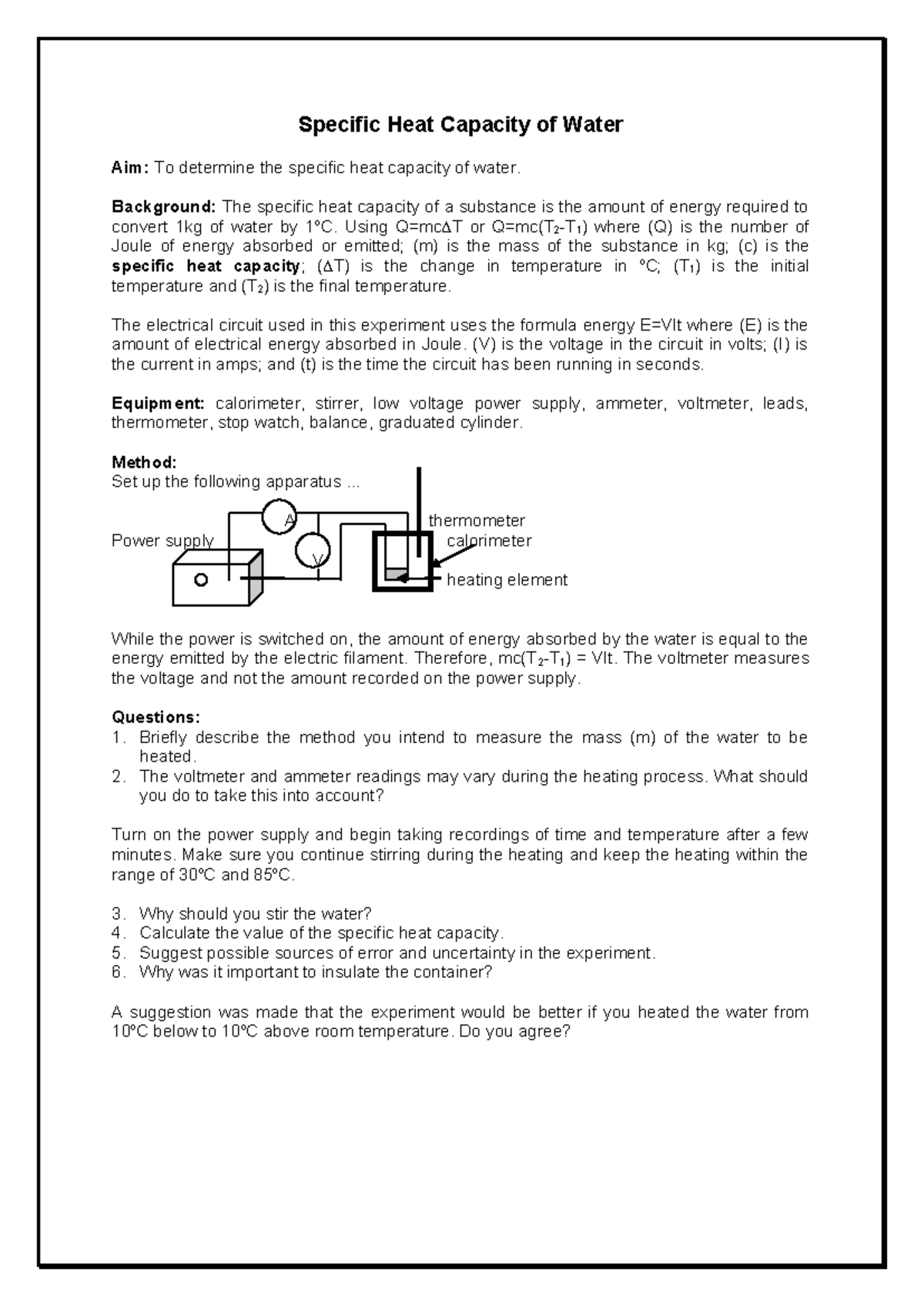 Specific Heat Capacity of Water - Background: The specific heat ...