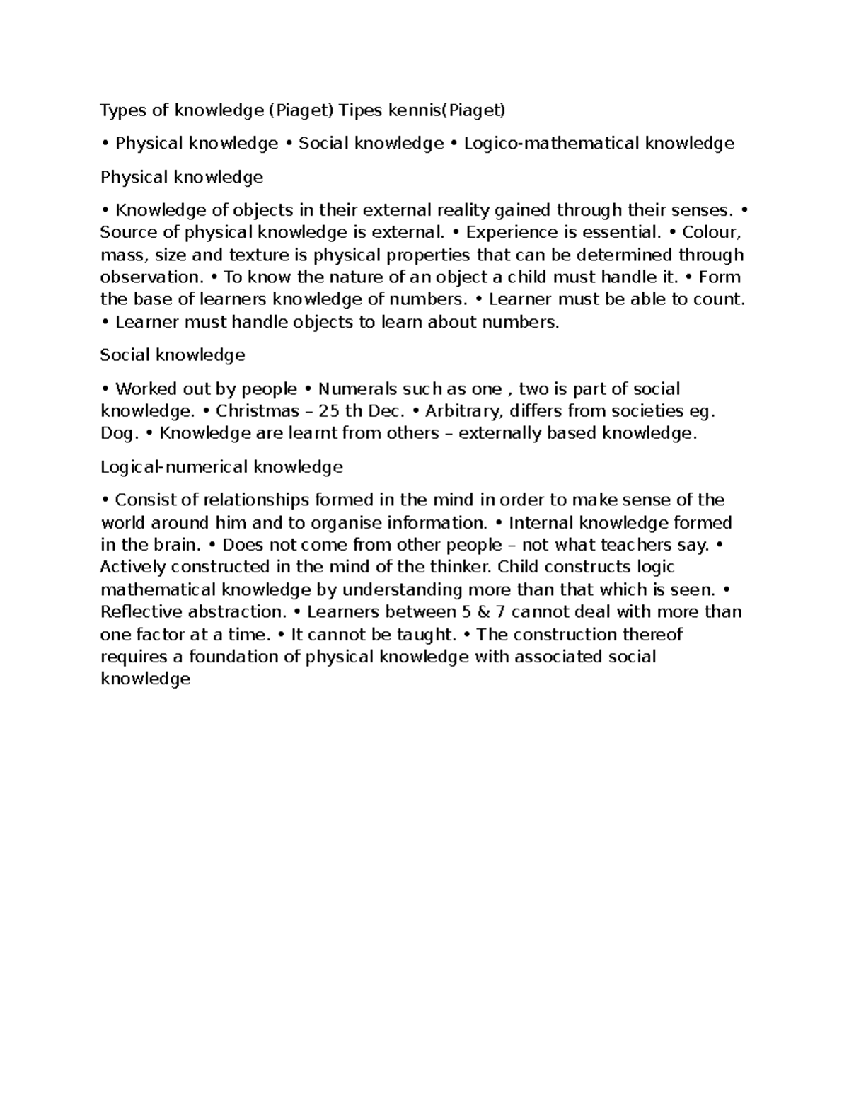 Types of knowledge - Study notes - Types of knowledge (Piaget) Tipes ...