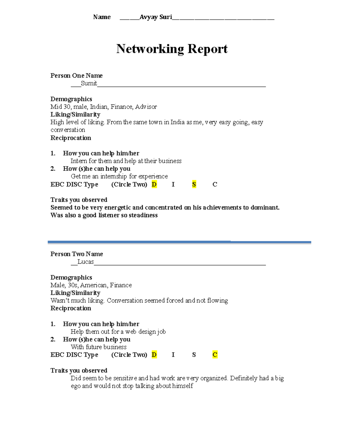 Networking Report Form - Name Avyay Suri ...