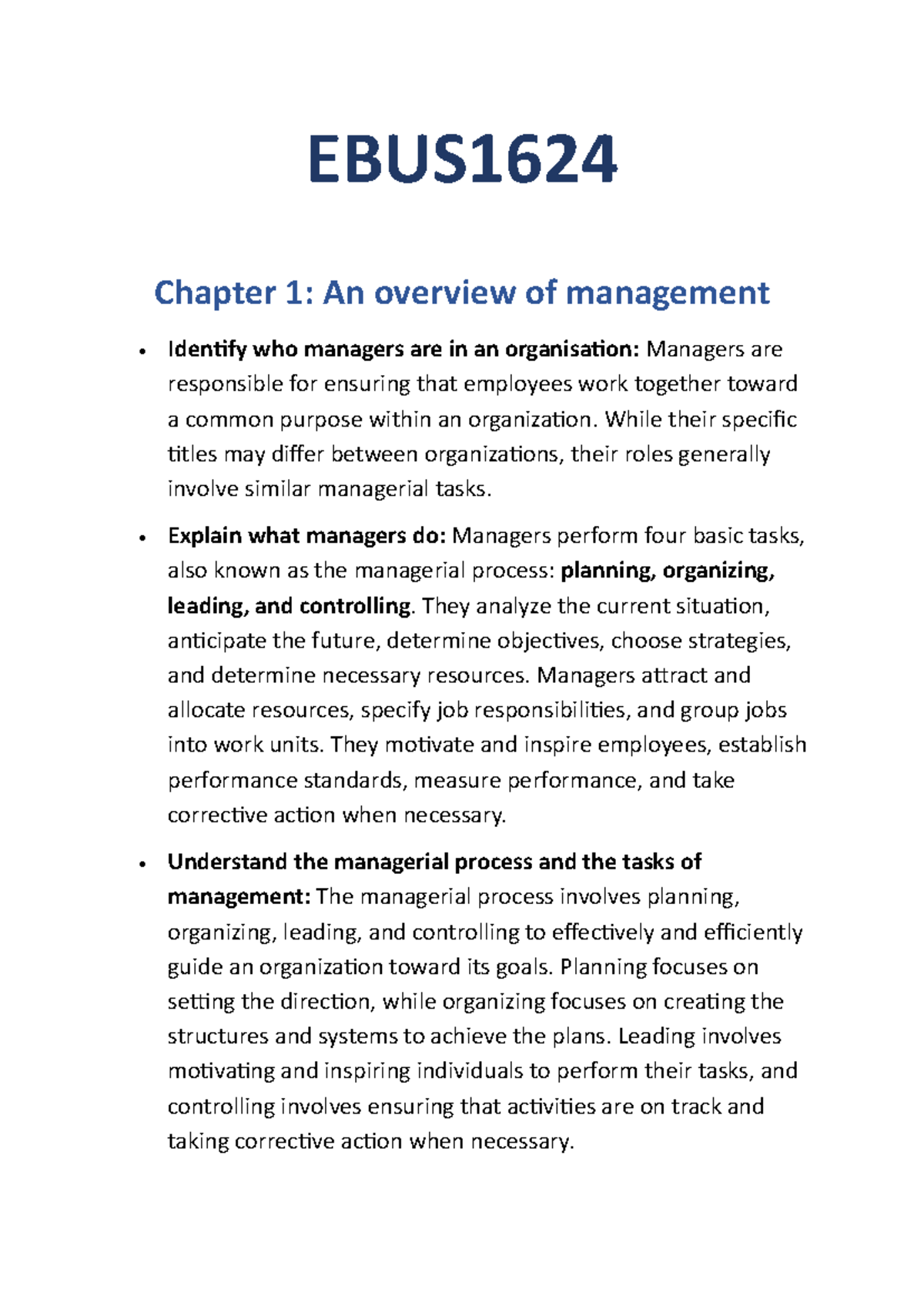 EBUS1624 Preparation Slides - EBUS Chapter 1: An overview of management • Identify who managers ...