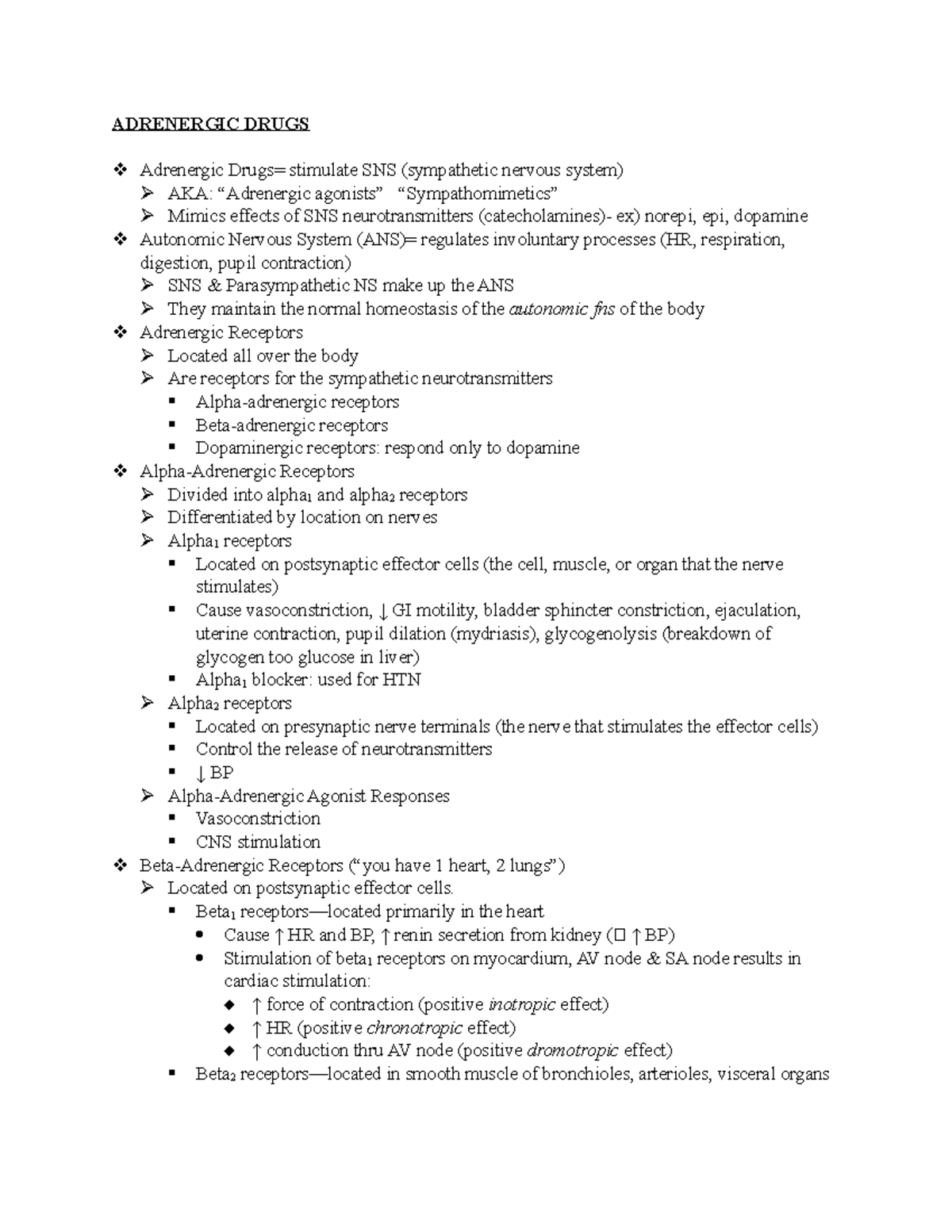 1Adrenergic Drugs - Lecture notes 1 - ADRENERGIC DRUGS Adrenergic Drugs ...