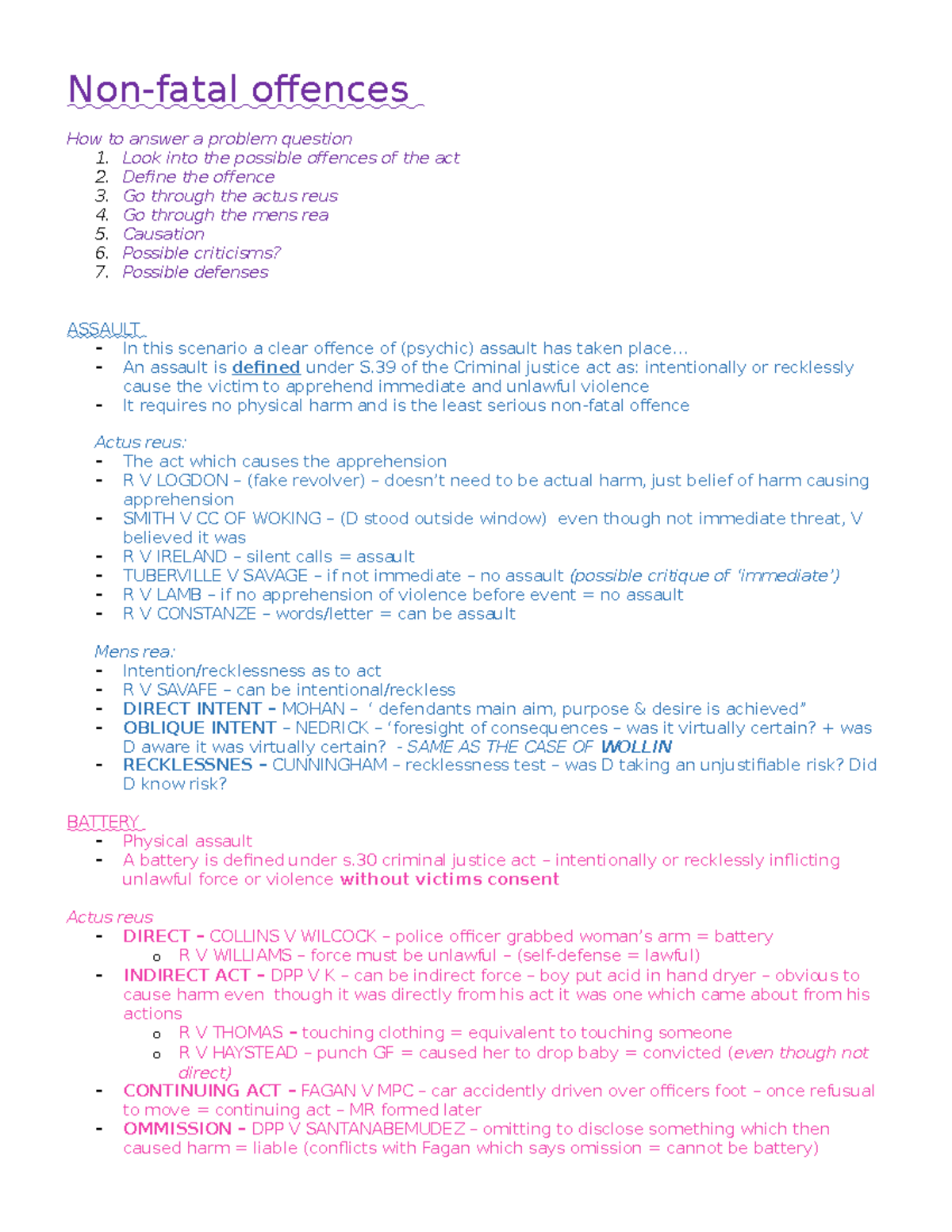 Non fatal sumamry - Non-fatal offences How to answer a problem question ...