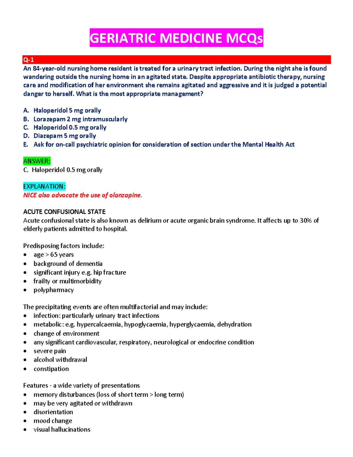 Passmedicine MCQs- Geriatric Medicine - GERIATRIC MEDICINE MCQs Q- An 84-year-old nursing home ...