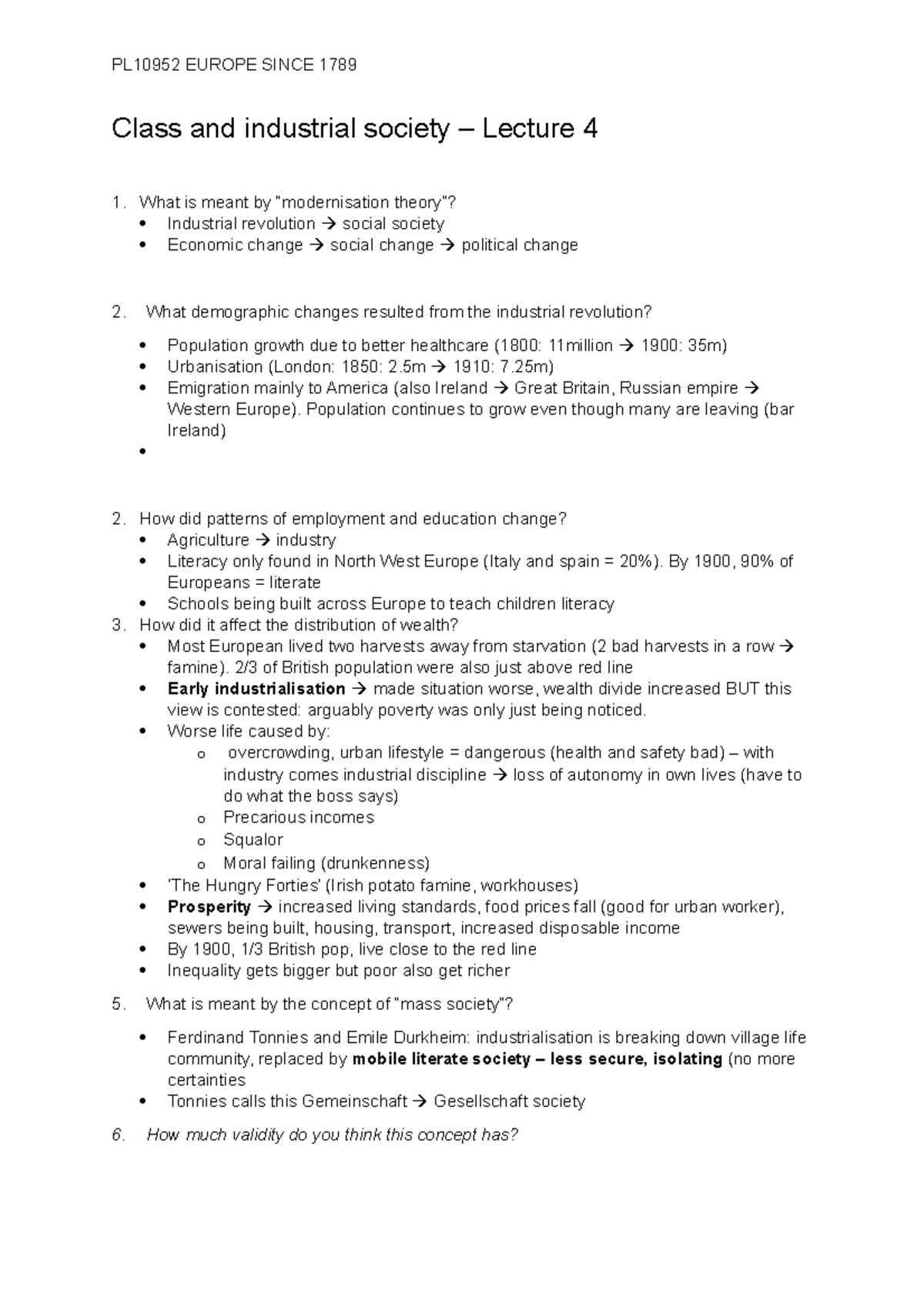 Lecture 4 - Class and industrial society - PL10952 EUROPE SINCE 1789 ...