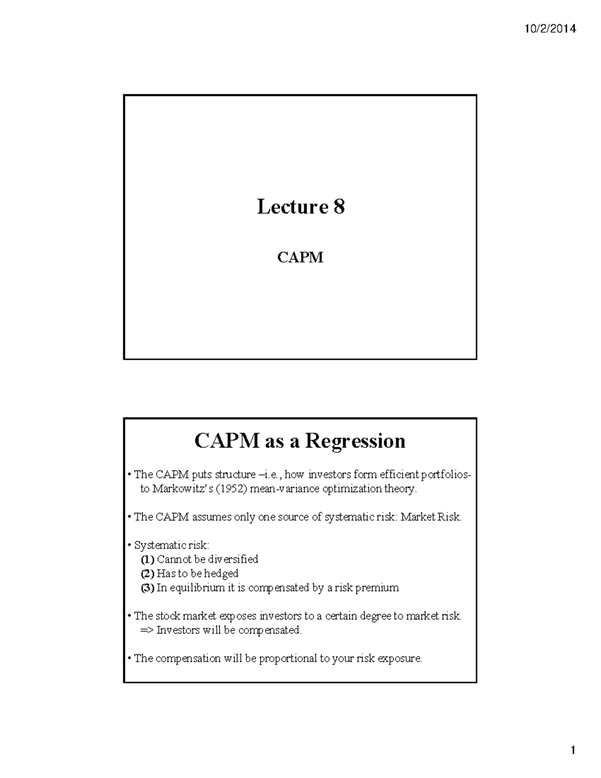 Lecture 8 CAPM - CAPM additional notes - 10/2/2014 Lecture 8 CAPM CAPM ...