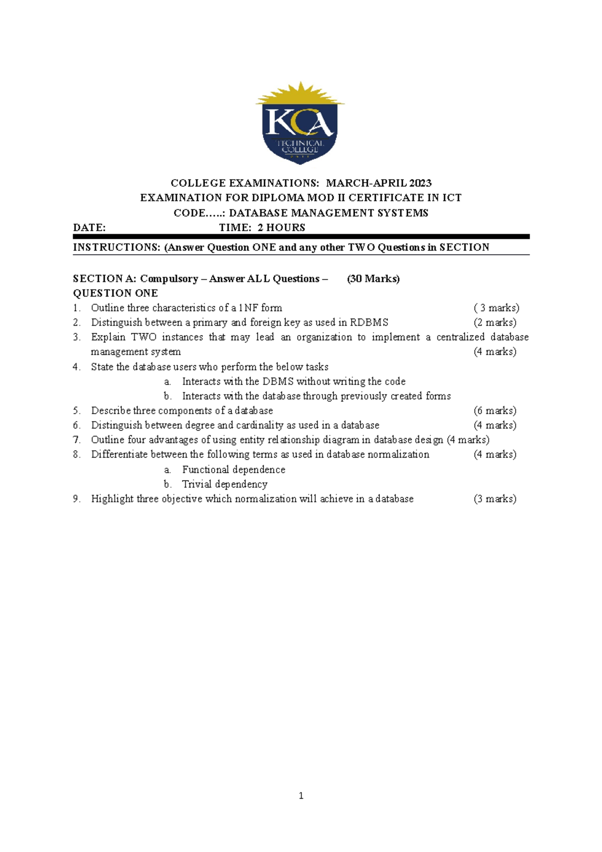 KCA End semester DBMS March 2023 - Diploma in Information Technology ...