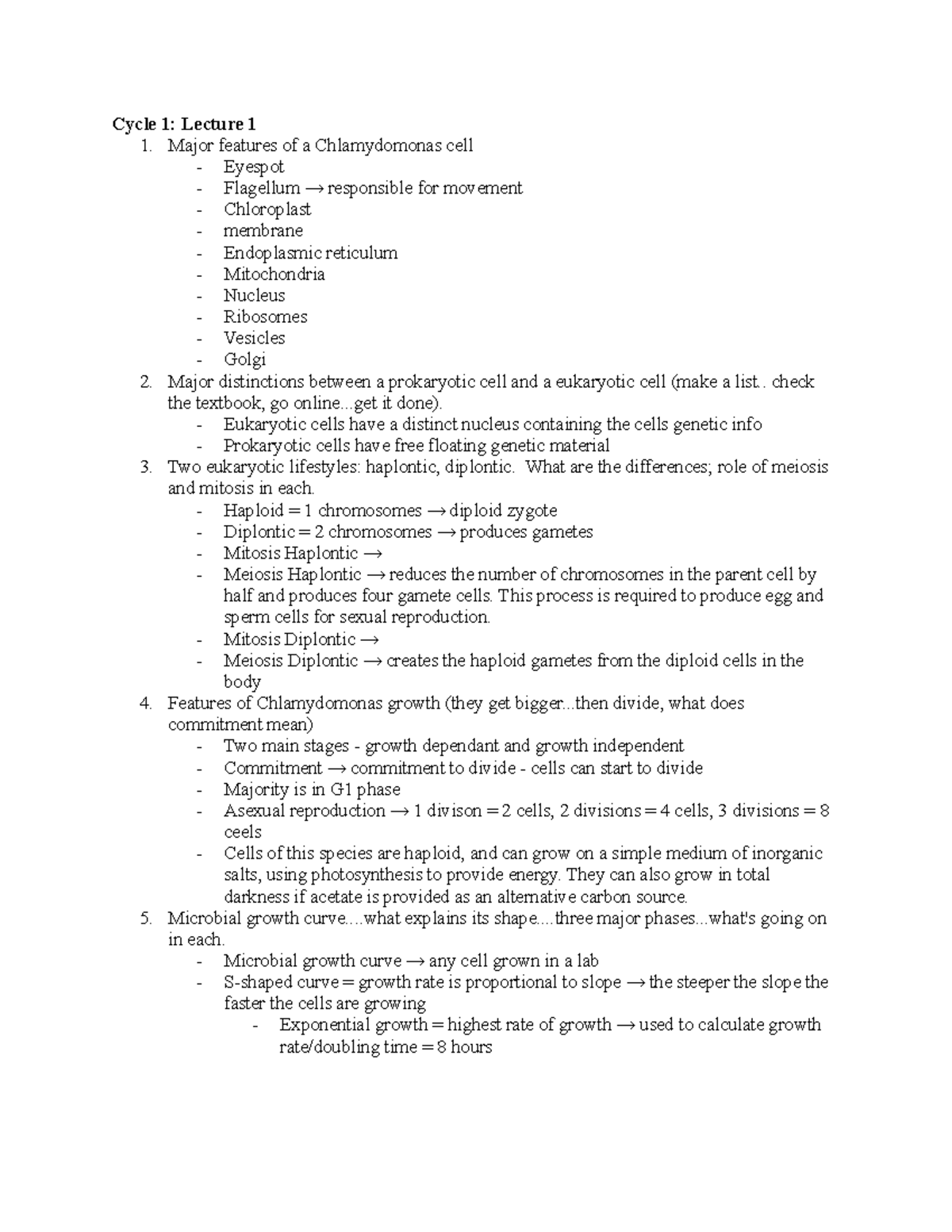 BIO 1002 Final exam class outcomes - Cycle 1: Lecture 1 1. Major ...