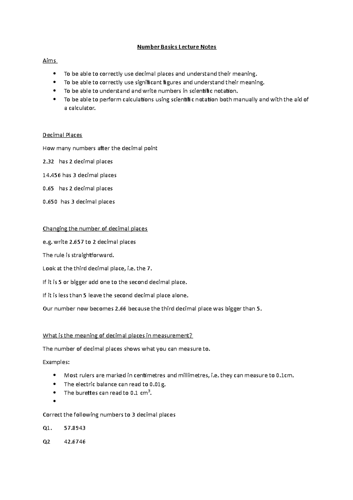 Number Basics Lecture Notes - Number Basics Lecture Notes Aims To be ...
