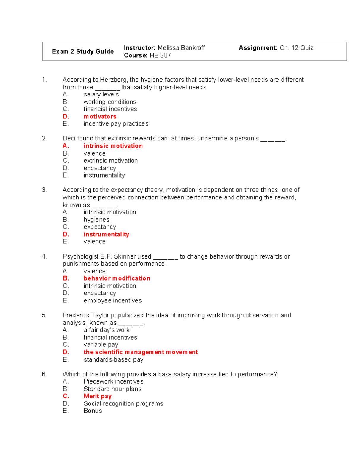 HB 307 Ch. 12 Quiz with Answers - Exam 2 Study Guide Instructor ...