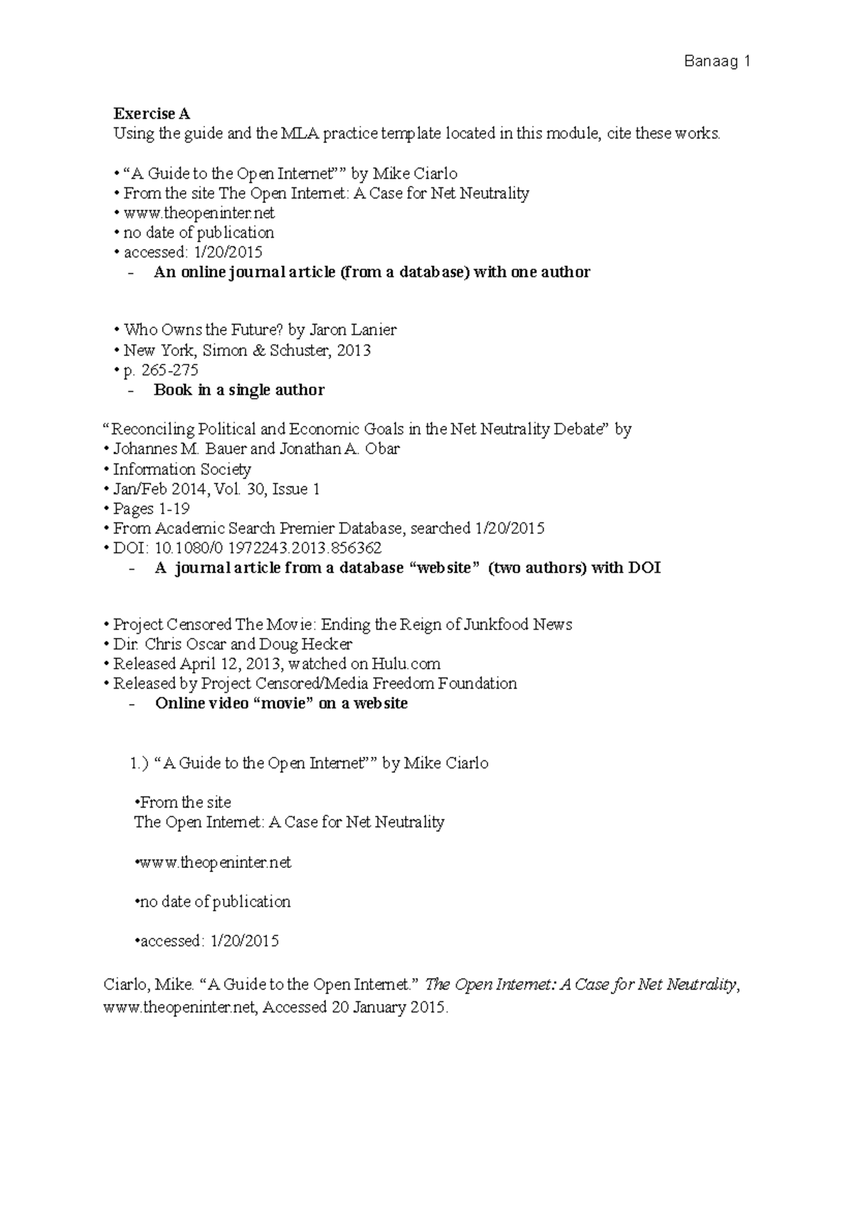 MLA Camry Banaag - MLA format - Banaag 1 Exercise A Using the guide and the MLA practice ...