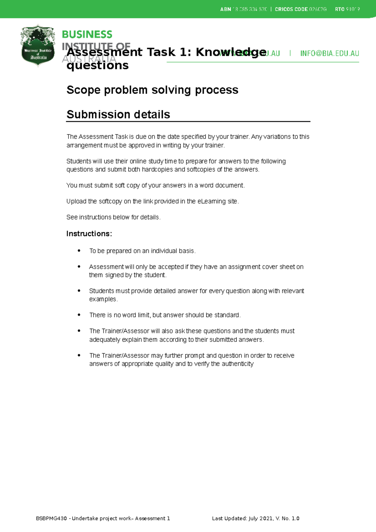Bsbpmg 430 Assessment Task 1 - Assessment Task 1: Knowledge questions Scope problem solving ...