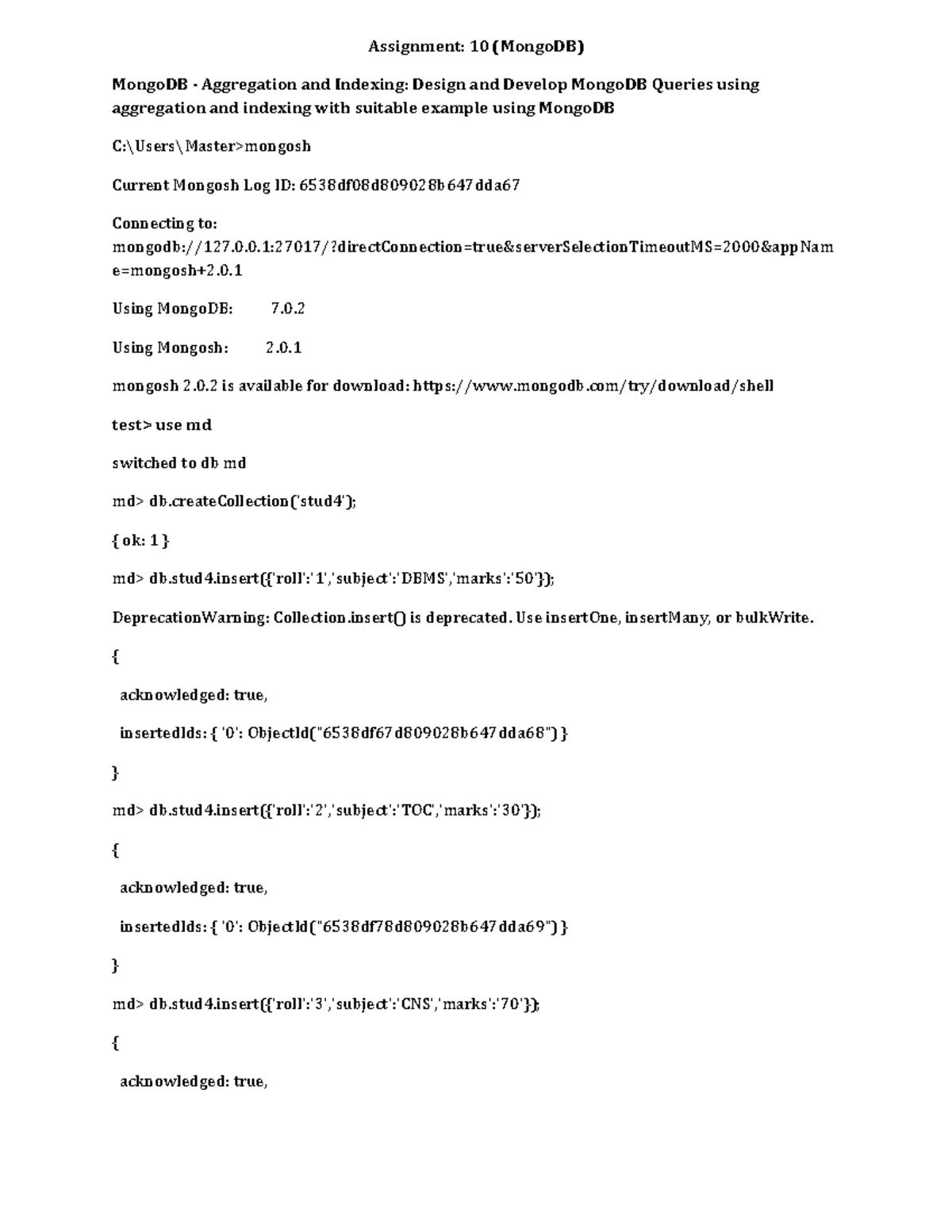 Mongodb Assignment 10 Aggre Indexing Assignment 10 Mongodb Mongodb Aggregation And