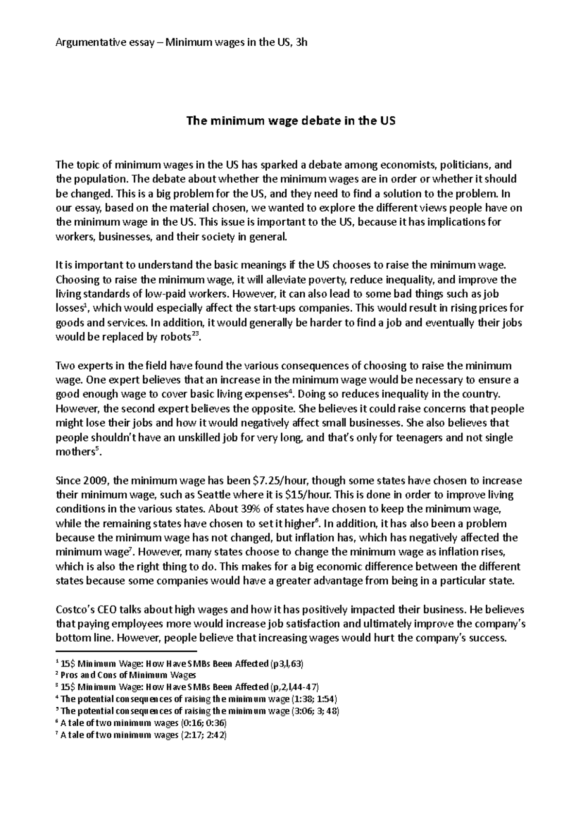 Argumentative essay - Minimum wages in the US - The debate about ...