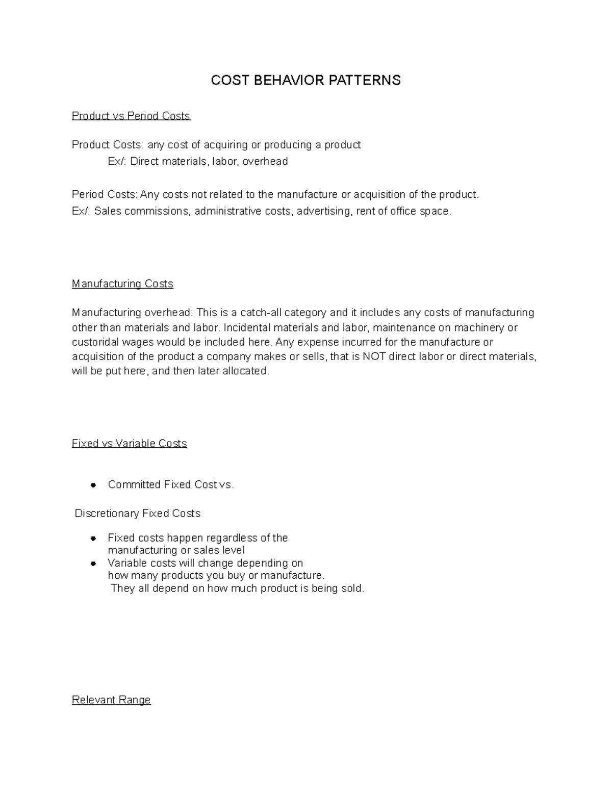 Accounting for Managers Notes 11 - COST BEHAVIOR PATTERNS Product vs ...