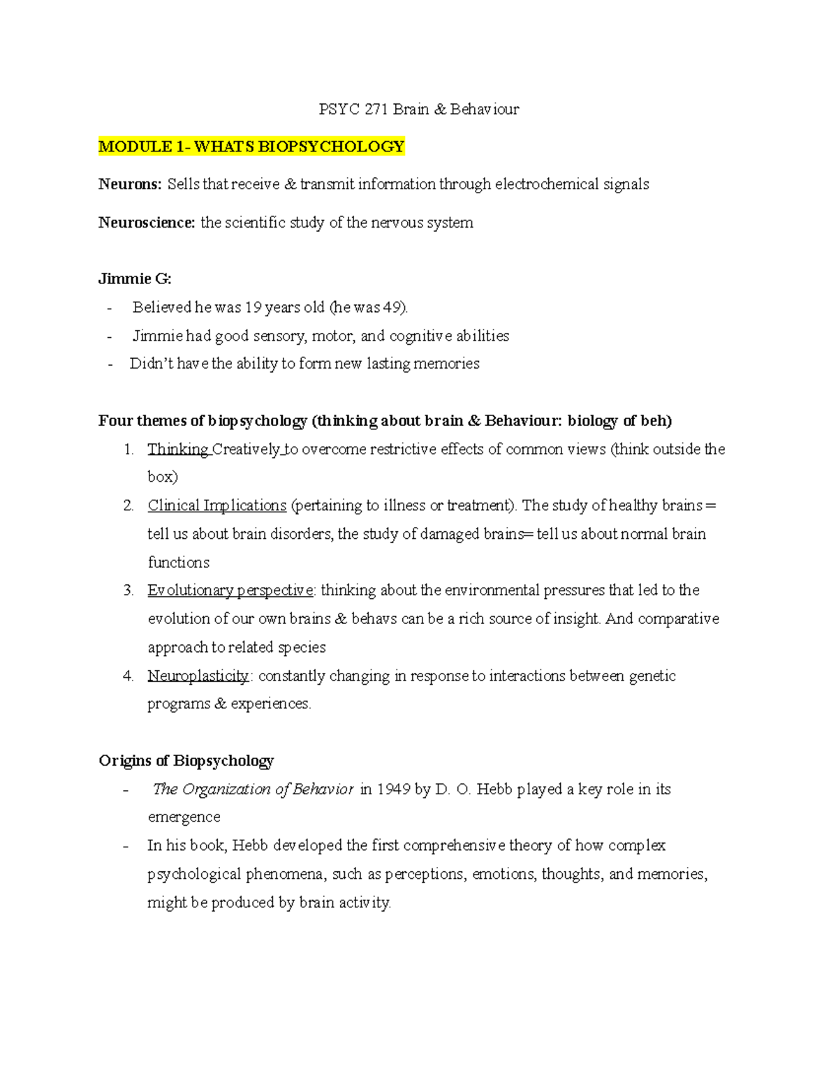 Psyc 271 Brain And Beh Notes Psyc 271 Brain And Behaviour Module 1 Whats Biopsychology Neurons