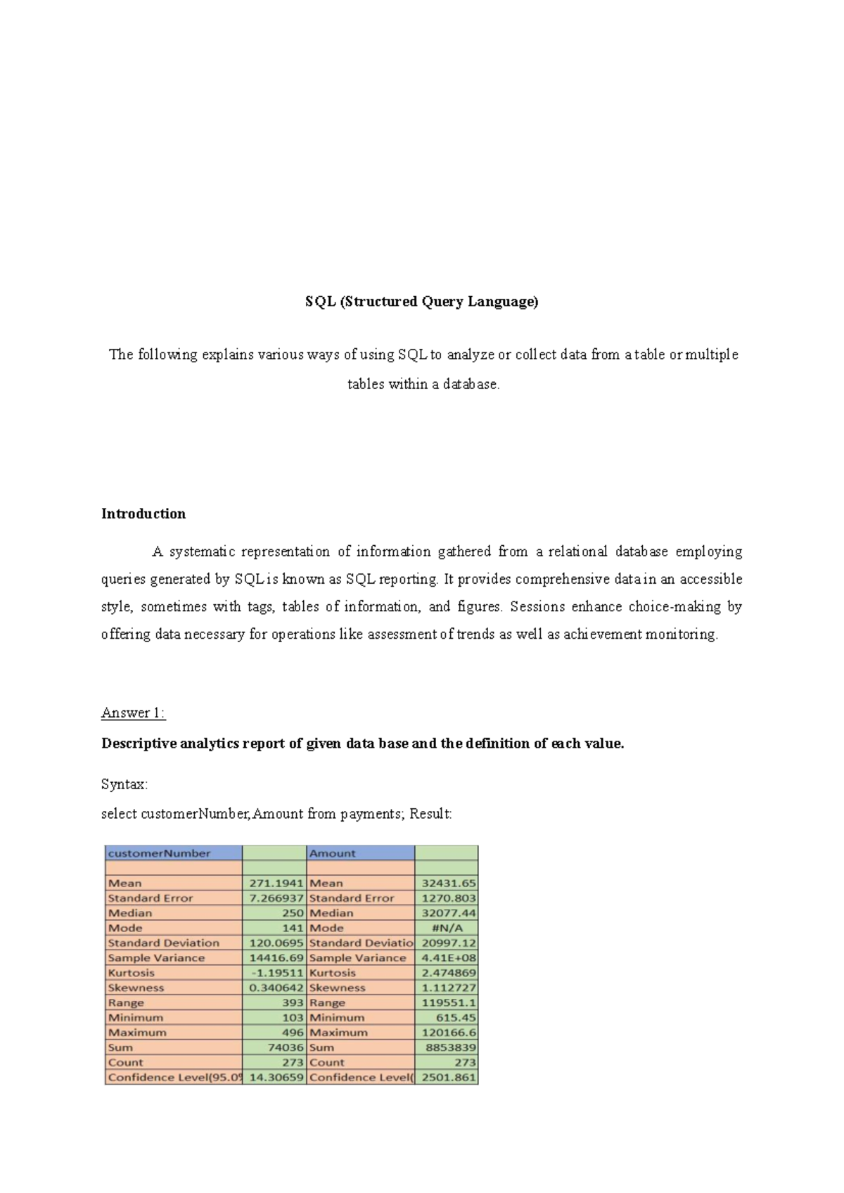 Assignment 1 - SQL (Structured Query Language) The following explains various ways of using SQL ...