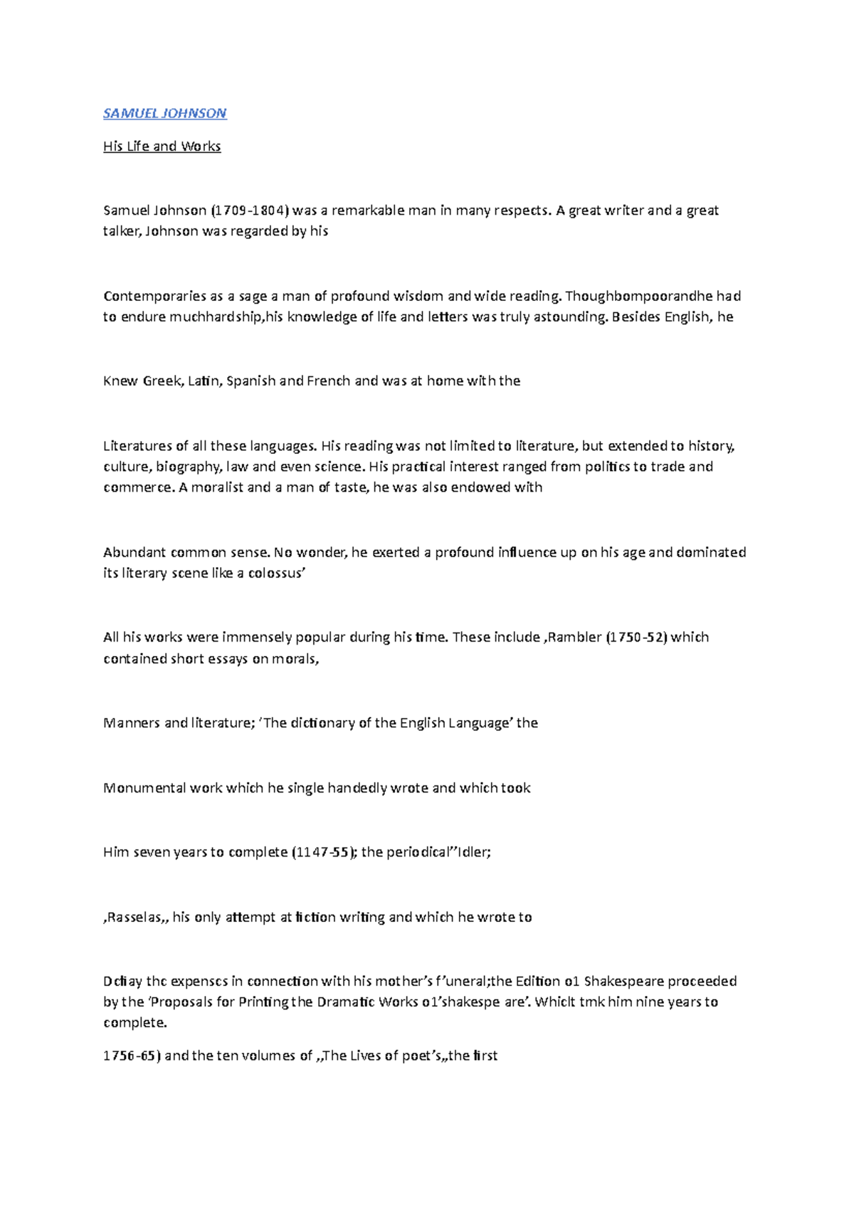 Samuel Johnson - SAMUEL JOHNSON His Life and Works Samuel Johnson (1709 ...