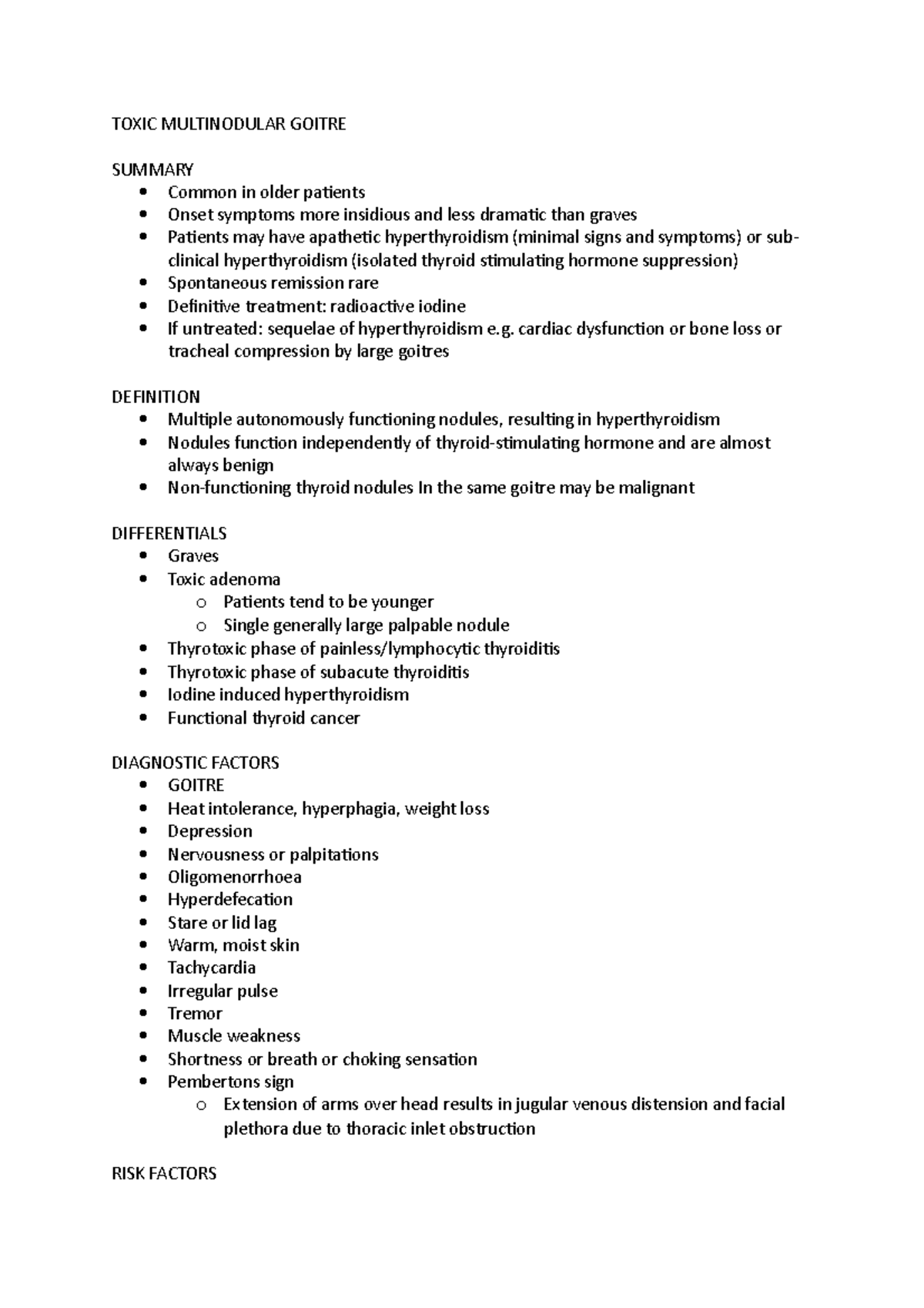 Toxic Multinodular Goitre - TOXIC MULTINODULAR GOITRE SUMMARY Common in ...