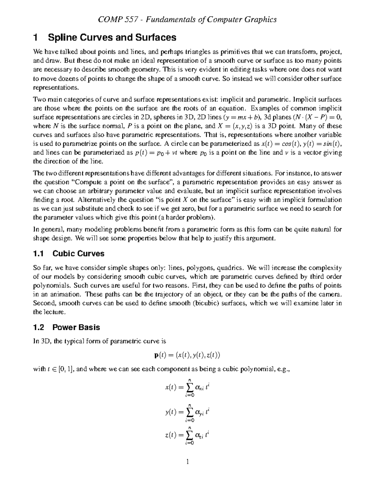 Spline Notes - 1 Spline Curves and Surfaces We have talked about points ...