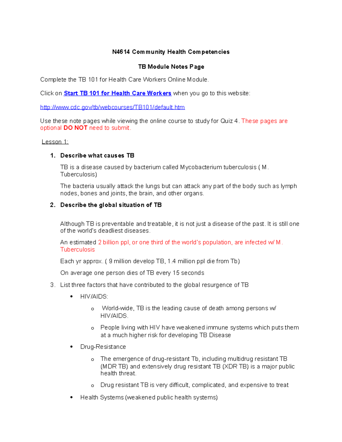 Tuberculosis Worksheet video assignment notes - N4614 Community Health ...