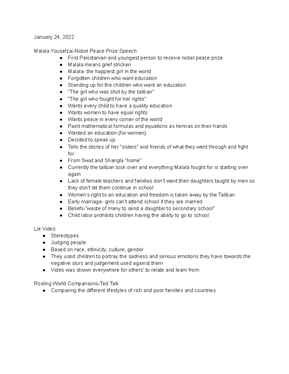 Lecture Notes-Malala-2 - January 24, 2022 Malala Yousafzai-Nobel Peace ...