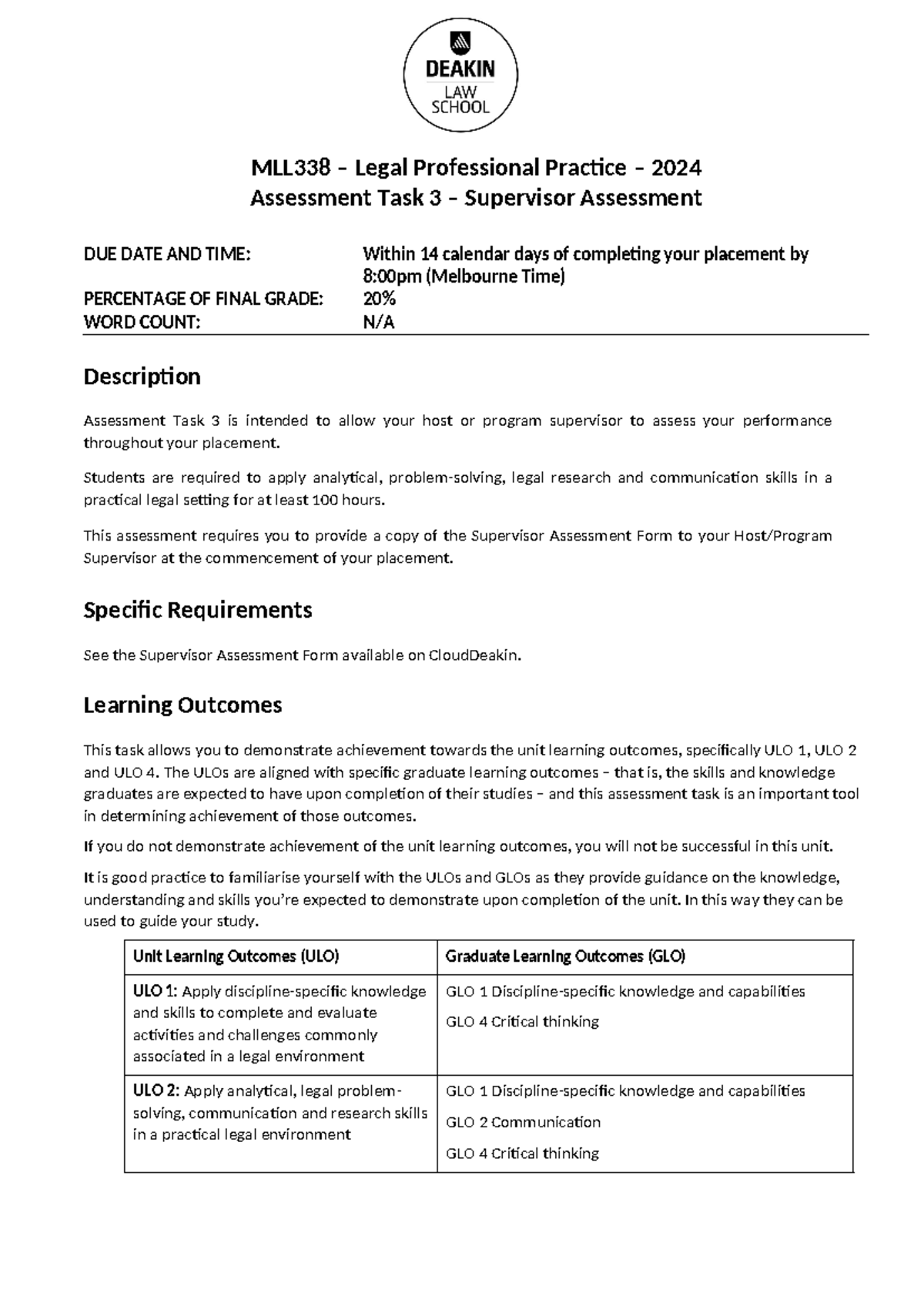 MLL338 - Assessment Brief - Assessment Three - Supervisor Assessment ...