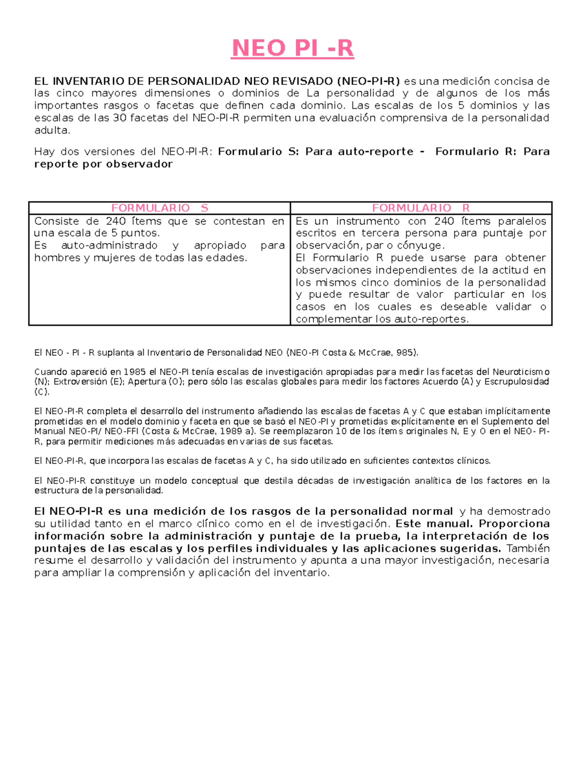 Neo pi r los 5 factores - NEO PI -R EL INVENTARIO DE PERSONALIDAD NEO ...