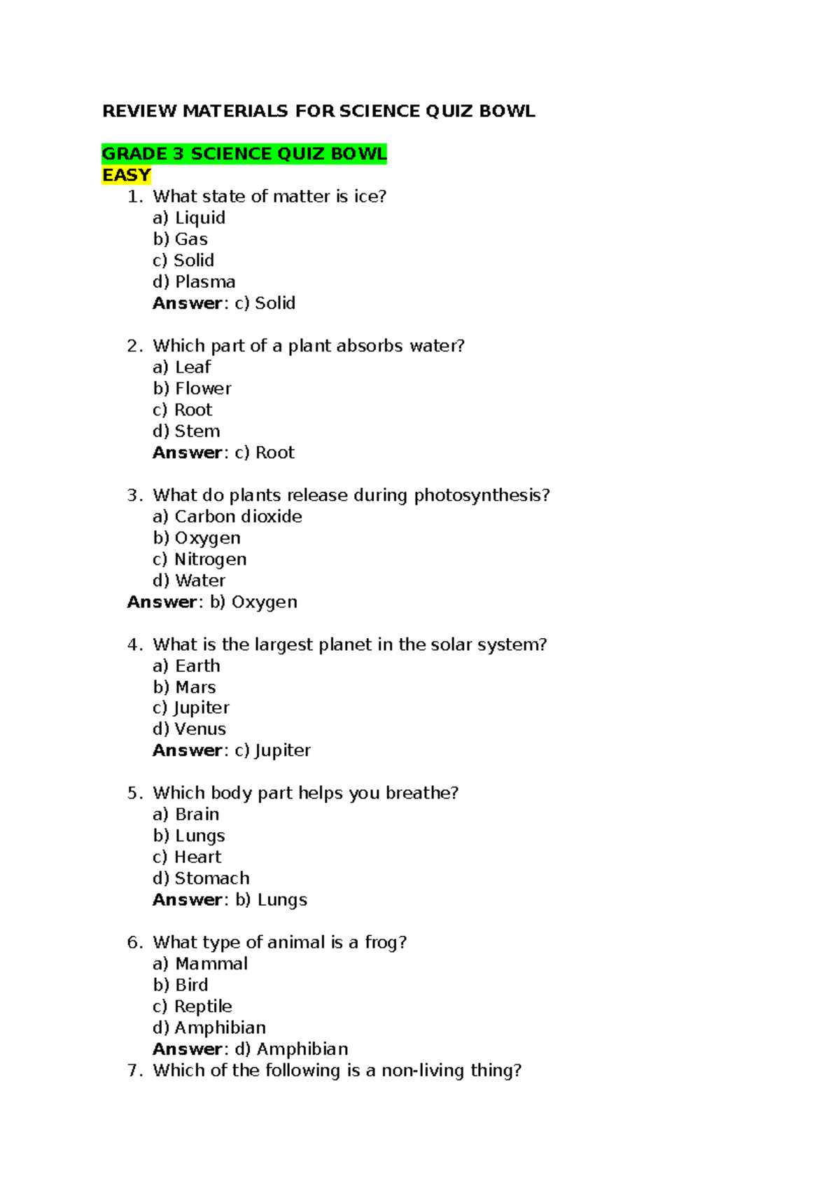 Science QUIZ BOWL ELEM Practice Tests - REVIEW MATERIALS FOR SCIENCE ...