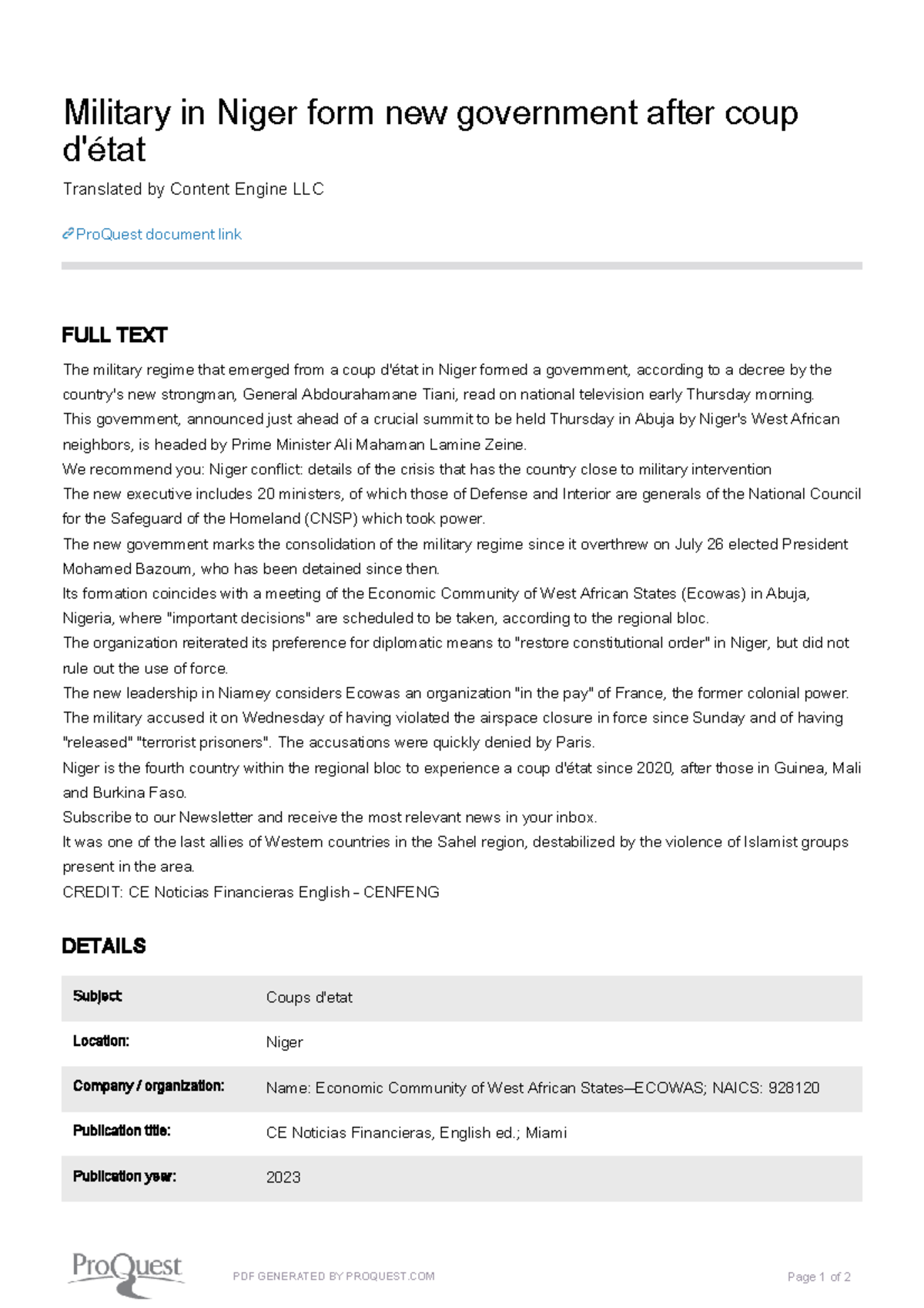 Pro Quest Documents 2023 09 12 - Military in Niger form new government after coup d'état ...