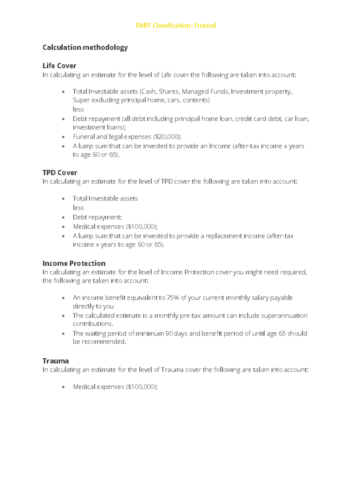 Insurance needs analysis - sample calculation methodology-3 - RMIT ...