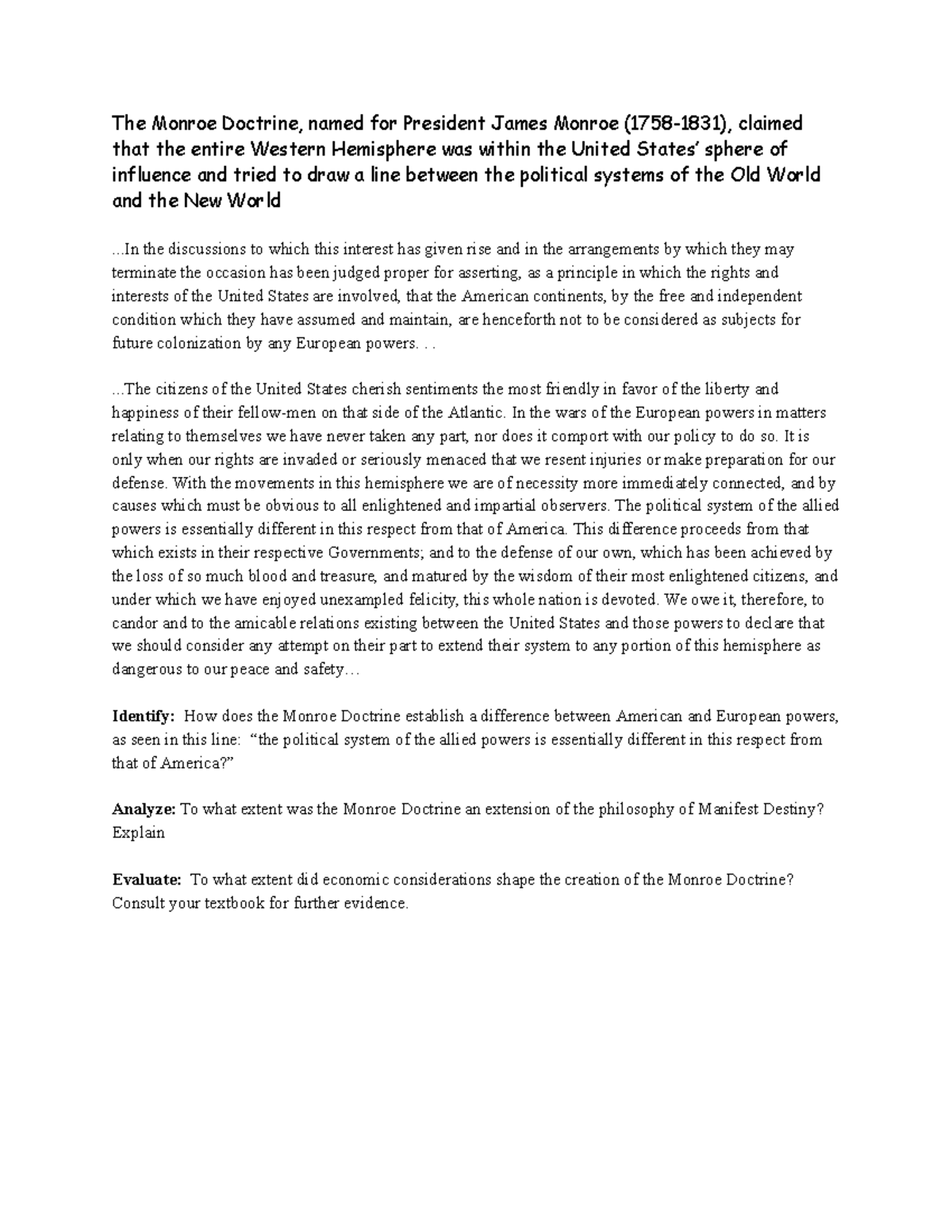 Monroe Doctrine, 1823 - The Monroe Doctrine, named for President James ...