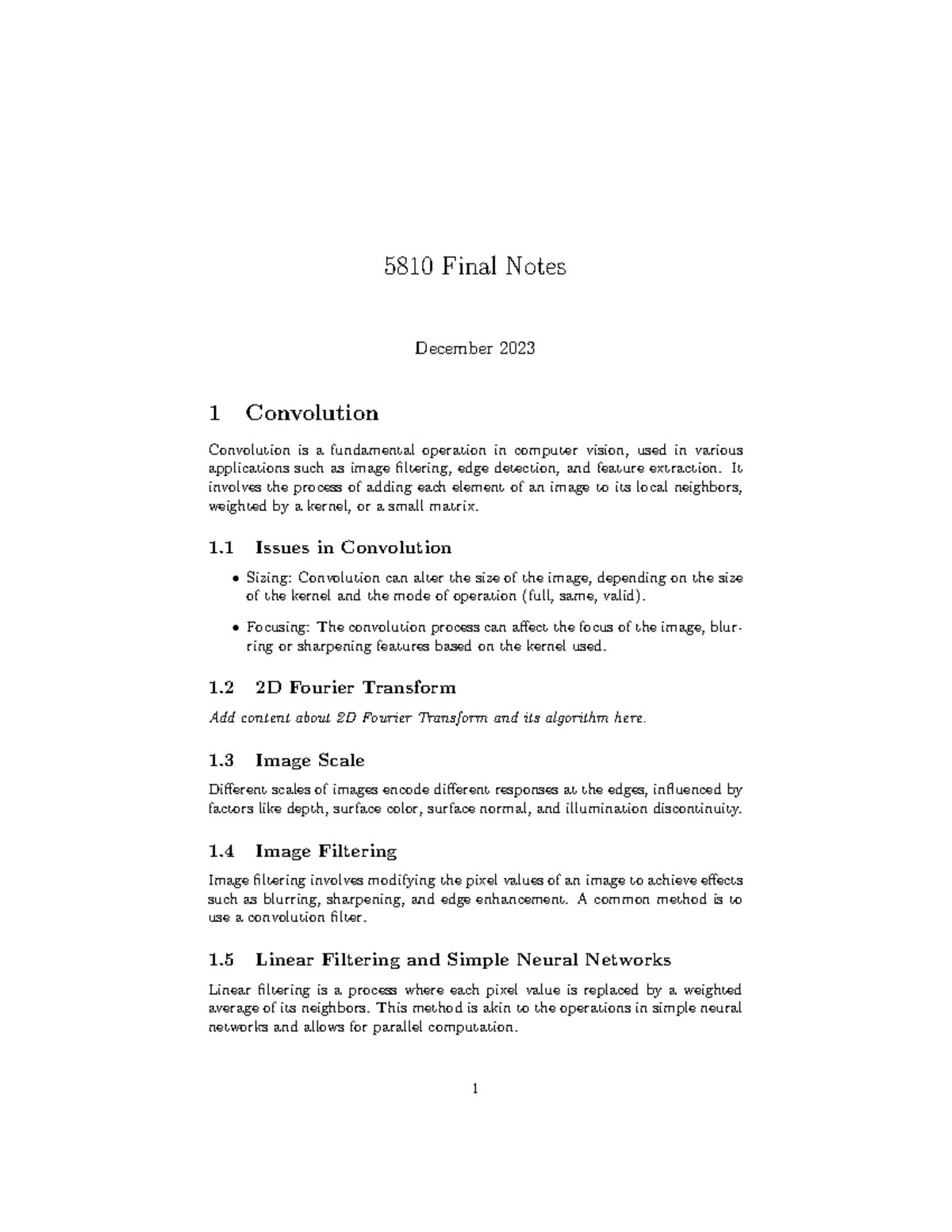 5810 Final Notes - Summary Computer Vision & Computational Photography ...