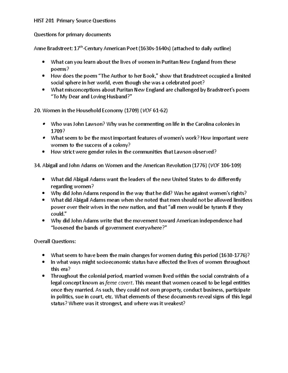 Questions for Primary Documents for Women and Gender in Colonial North ...