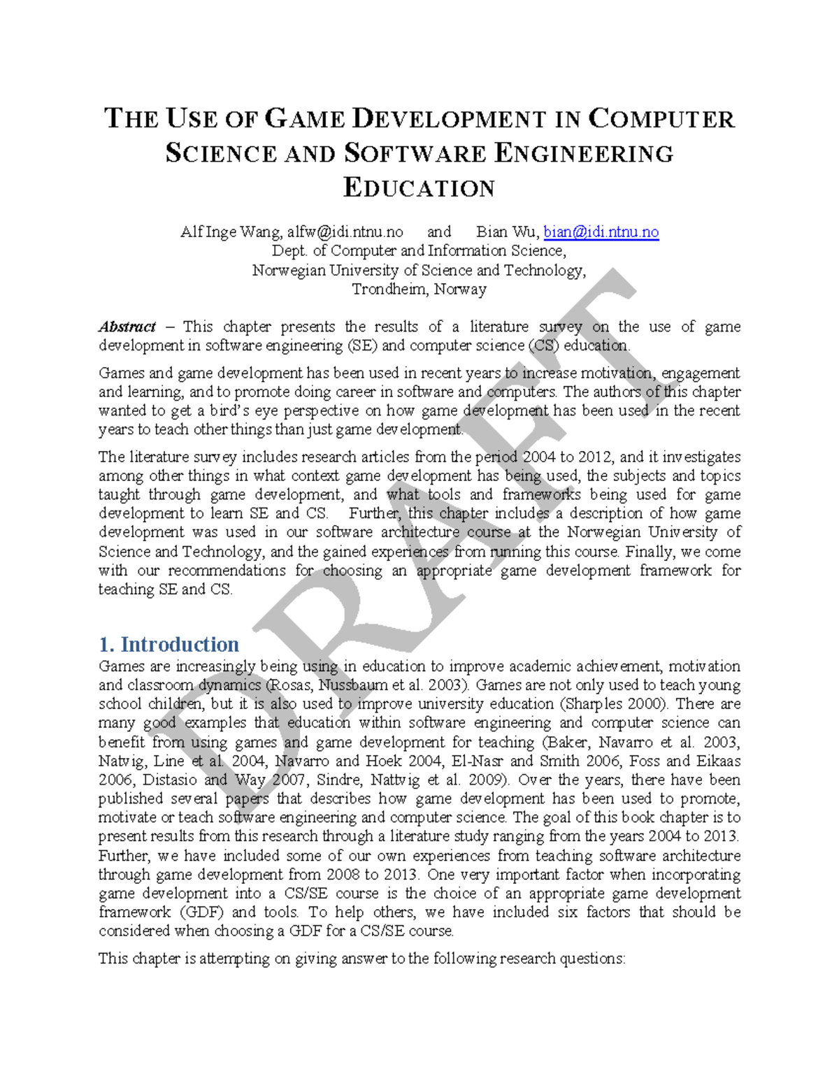 Use of Games In SE and CS Education - THE USE OF GAME DEVELOPMENT IN ...