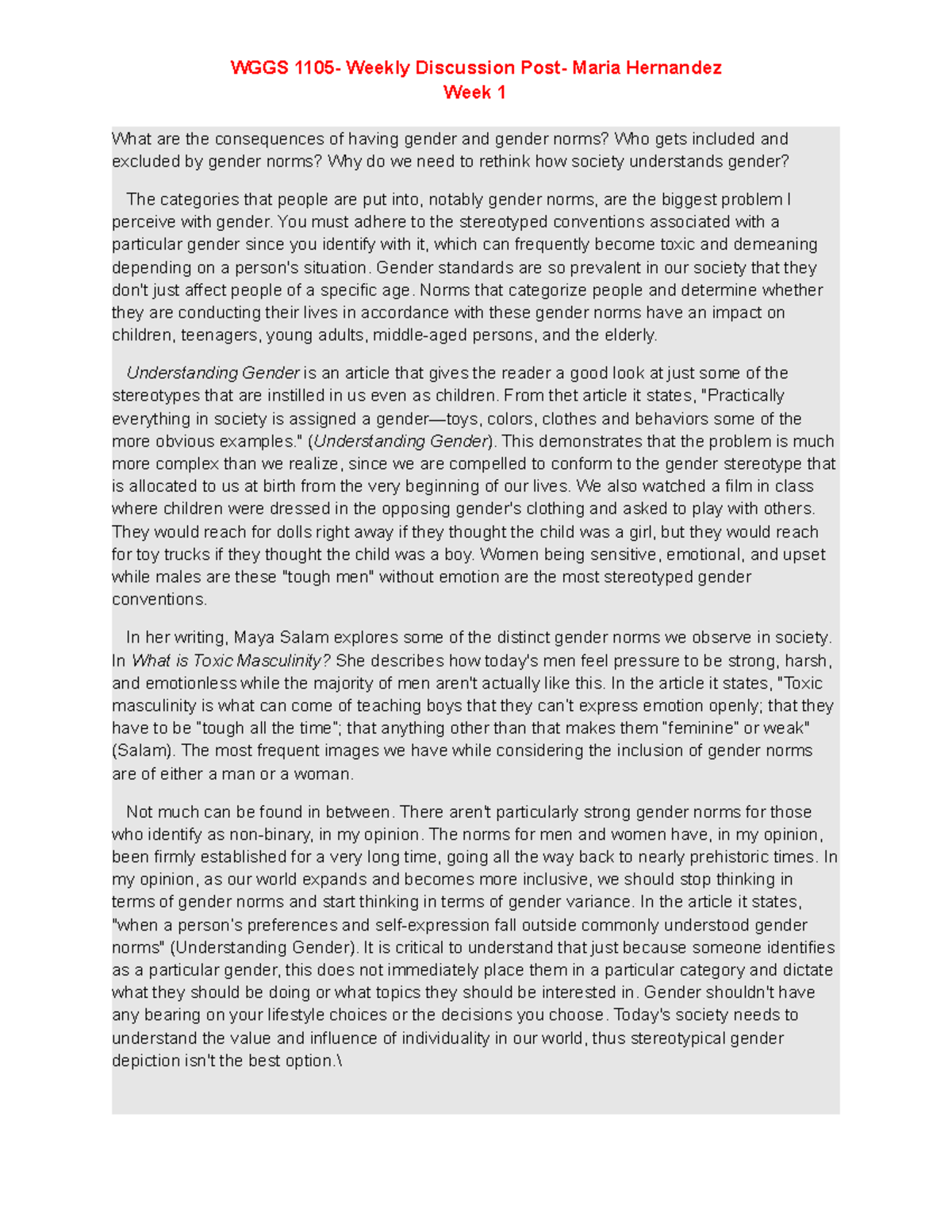 WGGS 1105- (3) Weekly Discussion Post- Maria Hernandez - You must ...