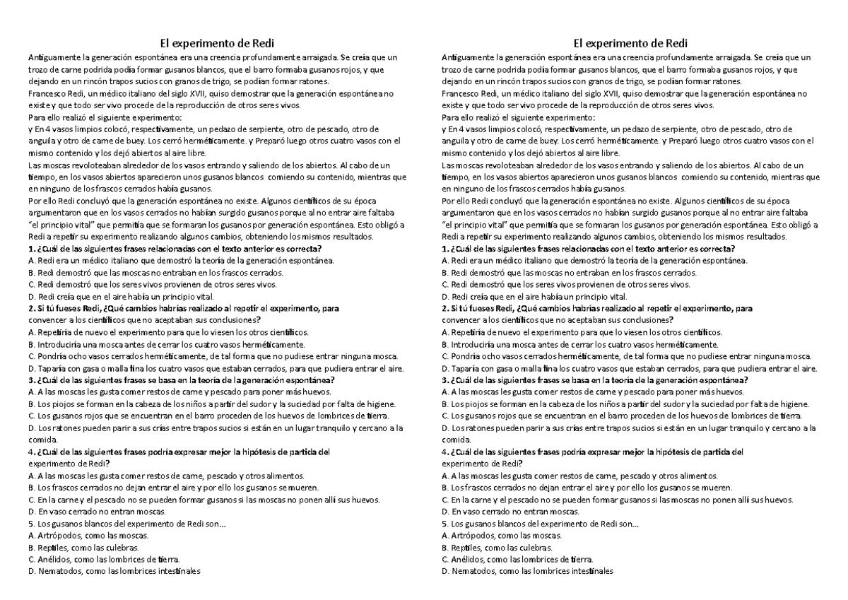 El experimento de Redi - redi - El experimento de Redi Antiguamente la ...