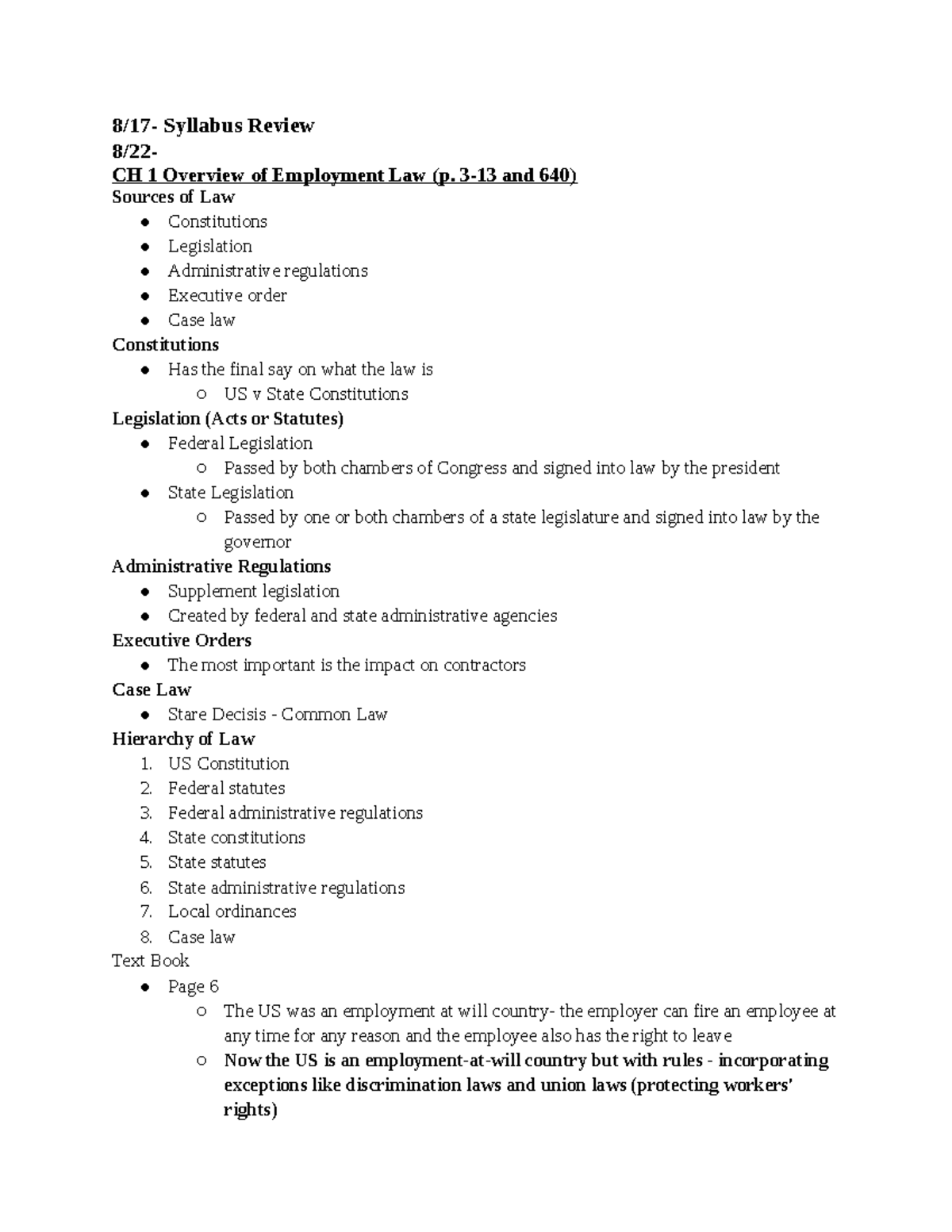 Legl 4500 6500 Exam 1 Notes 8 17 Syllabus Review 8 22 Ch 1 Overview Of Employment Law P 3