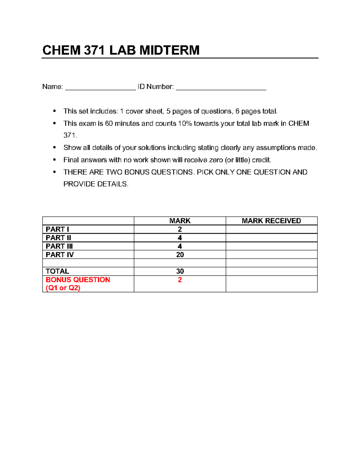 CHEM 371 LAB Midterm - CHEM 371 LAB MIDTERM Name: __________________ ID Number: - Studocu