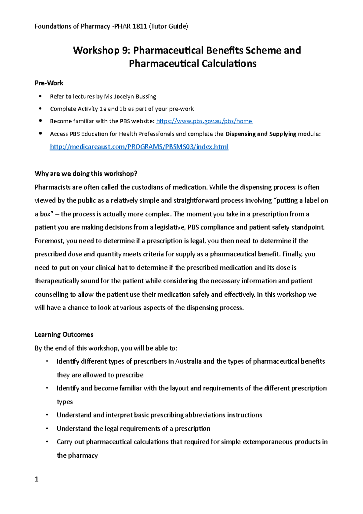 Workshop 9 PBS and Pharmaceutical Calculations Workshop Student - Workshop 9: Pharmaceutical ...