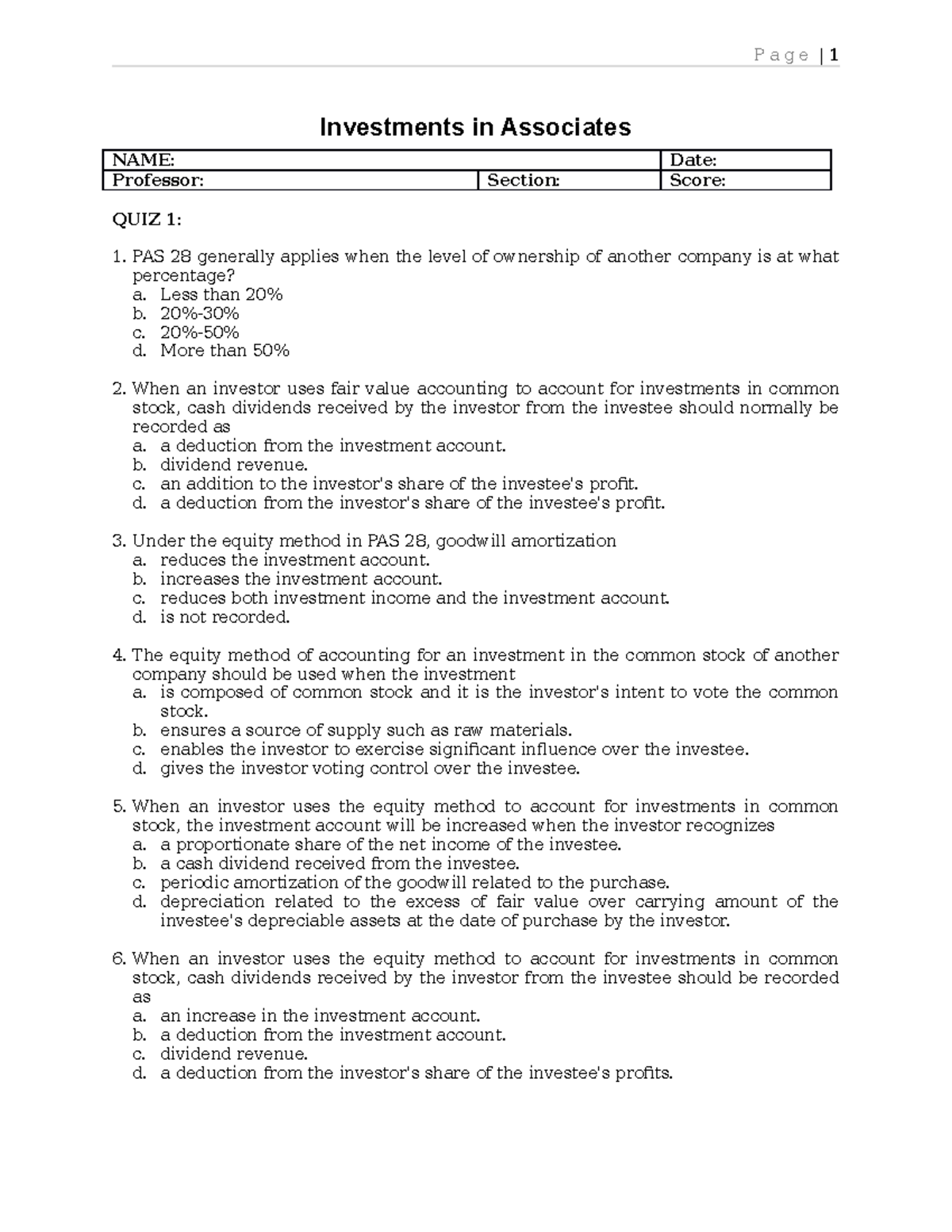 QUIZ Investments IN Associates - Investments in Associates NAME: Date ...