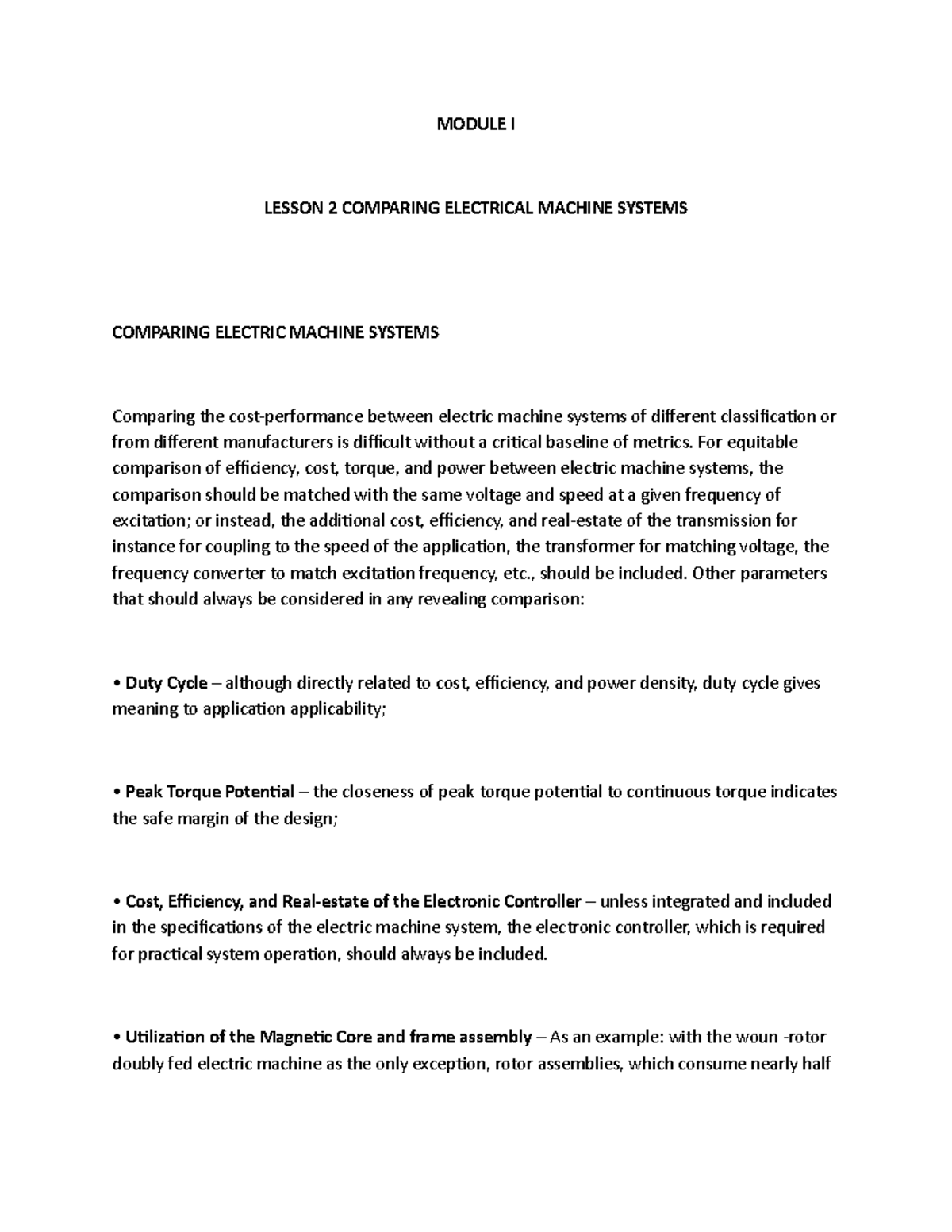 Module I Lesson 2 - MODULE I LESSON 2 COMPARING ELECTRICAL MACHINE ...