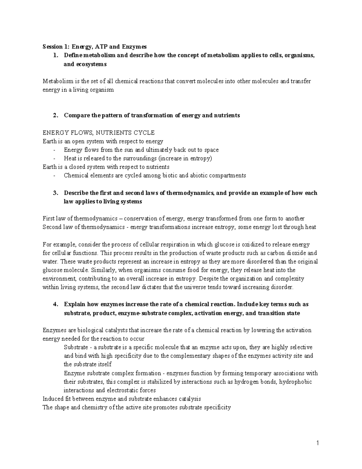 M2E Metabolism Study Guide 2024 - Session 1: Energy, ATP and Enzymes 1 ...