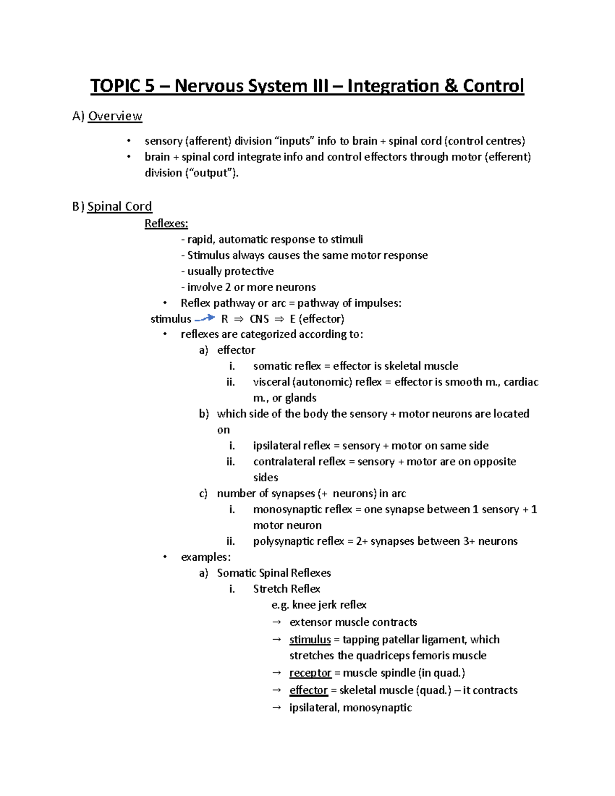 Topic 5 - Nervous System III - Integration and Control - TOPIC 5 ...
