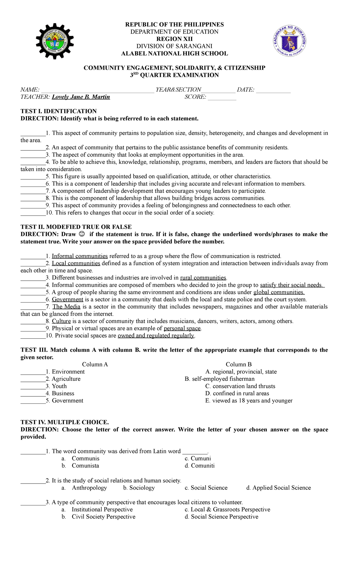 Community Engagement, Solidarity, and Citizenship - REPUBLIC OF THE ...