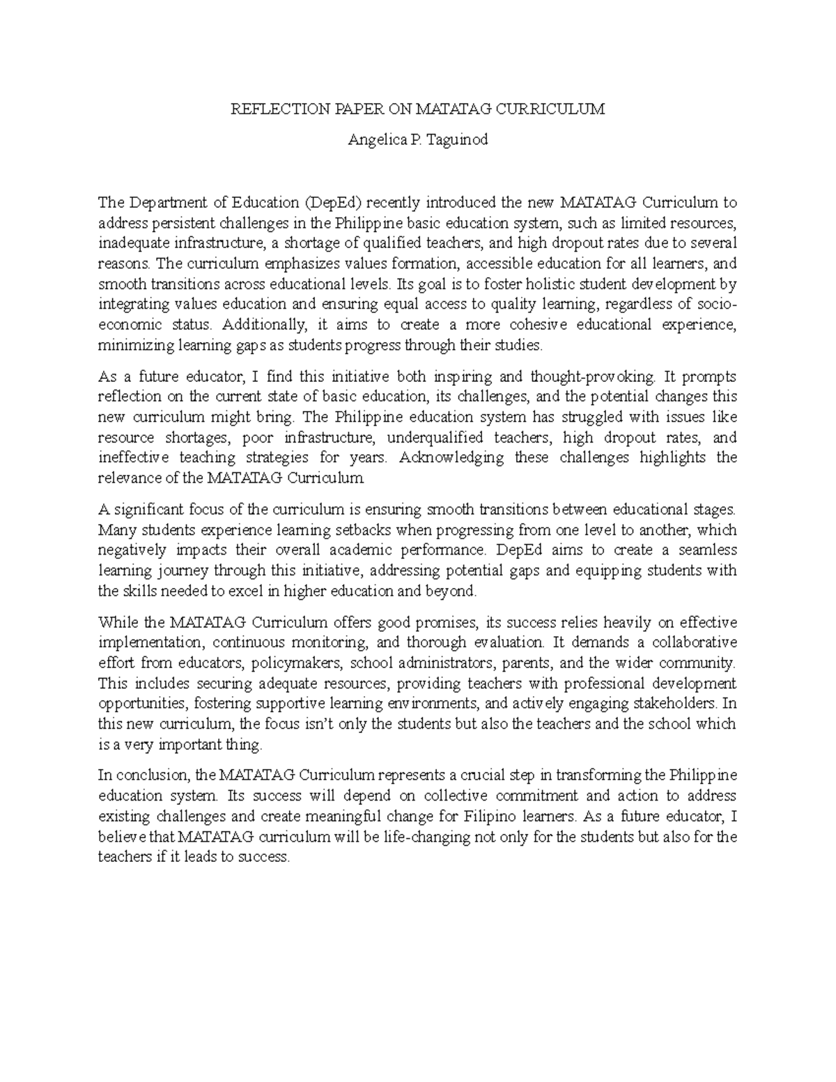 Reflection Paper ON Matatag Curriculum - REFLECTION PAPER ON MATATAG ...