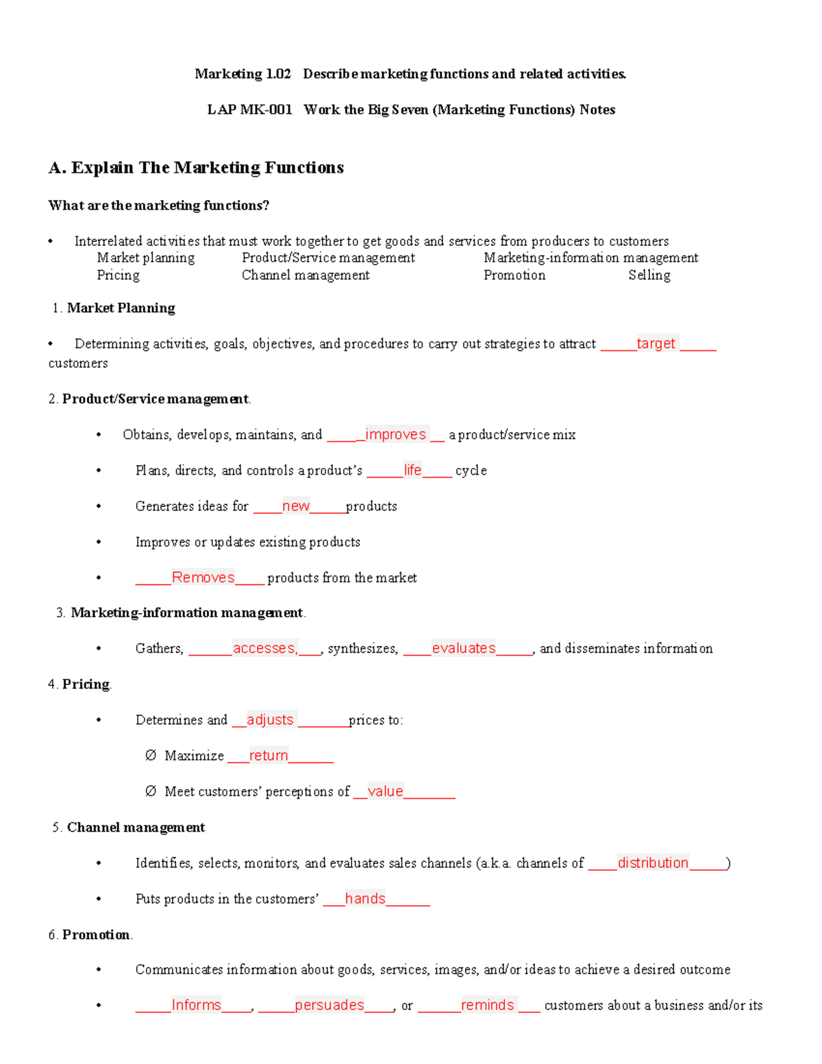 Marketing 1.02 MK01 Notes - Marketing 1 Describe marketing functions ...