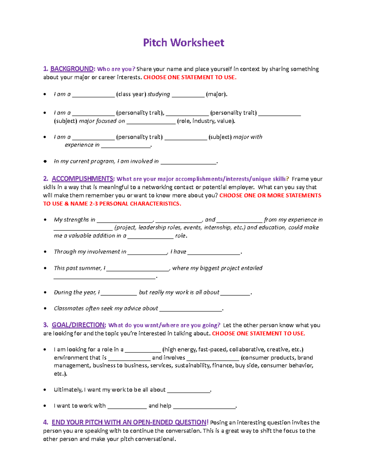 Pitch Worksheet - BACKGROUND:Who are you? Share your name and place yourself in context by ...