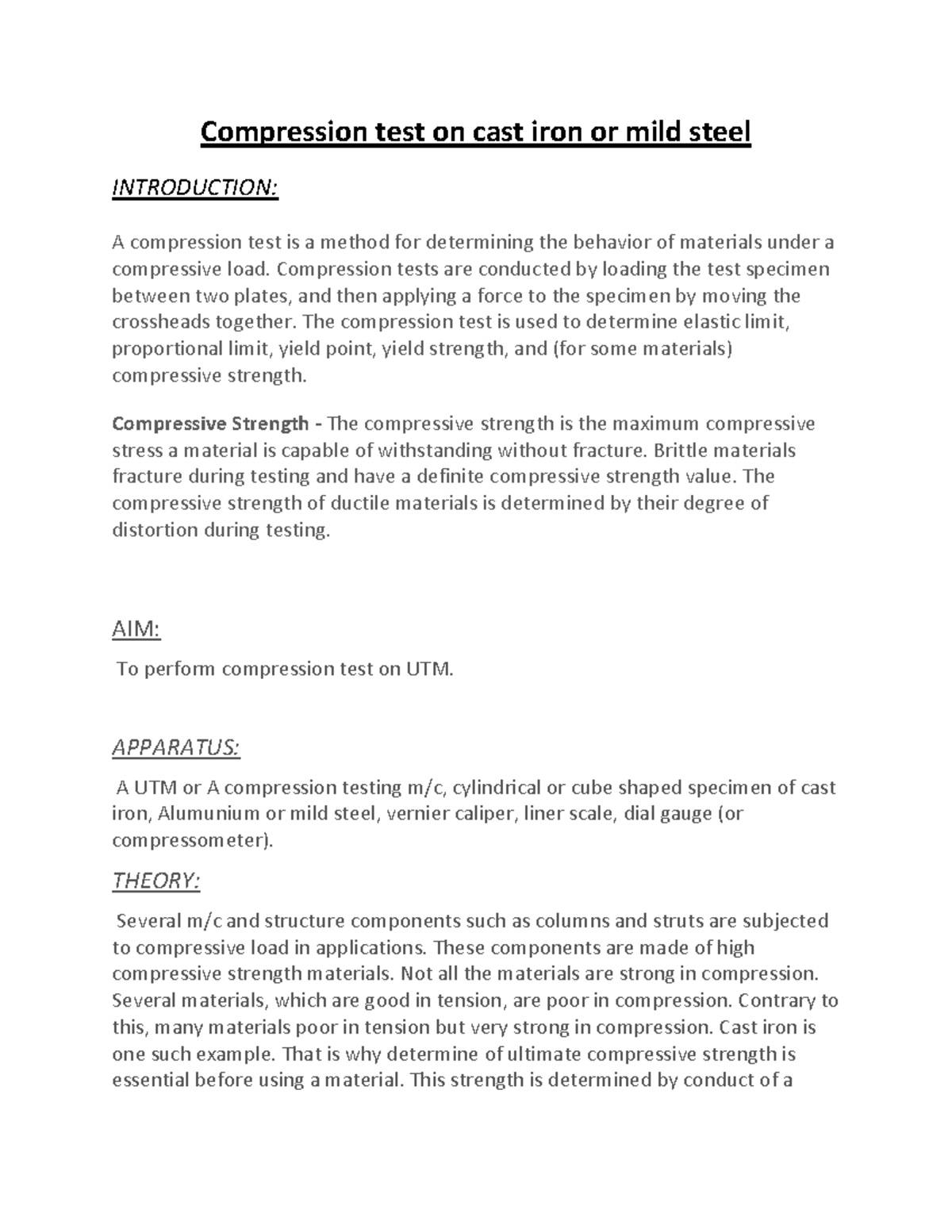 Pdfcoffee - Compression test on cast iron or mild steel INTRODUCTION: A ...