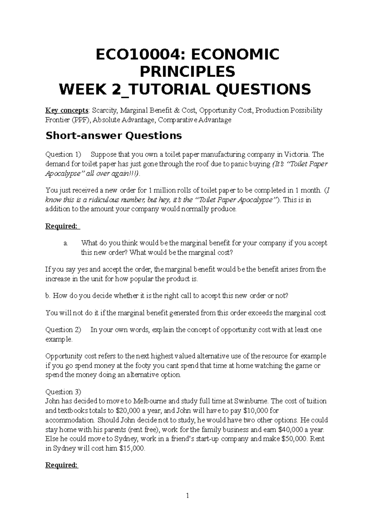 Week 2 Tutorial Questions - ECO10004: ECONOMIC PRINCIPLES WEEK 2 ...