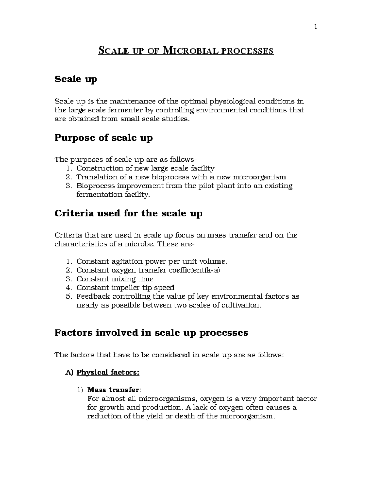 Scale up of microb process L2 - S CALE UP OF MICROBIAL PROCESSES Scale ...